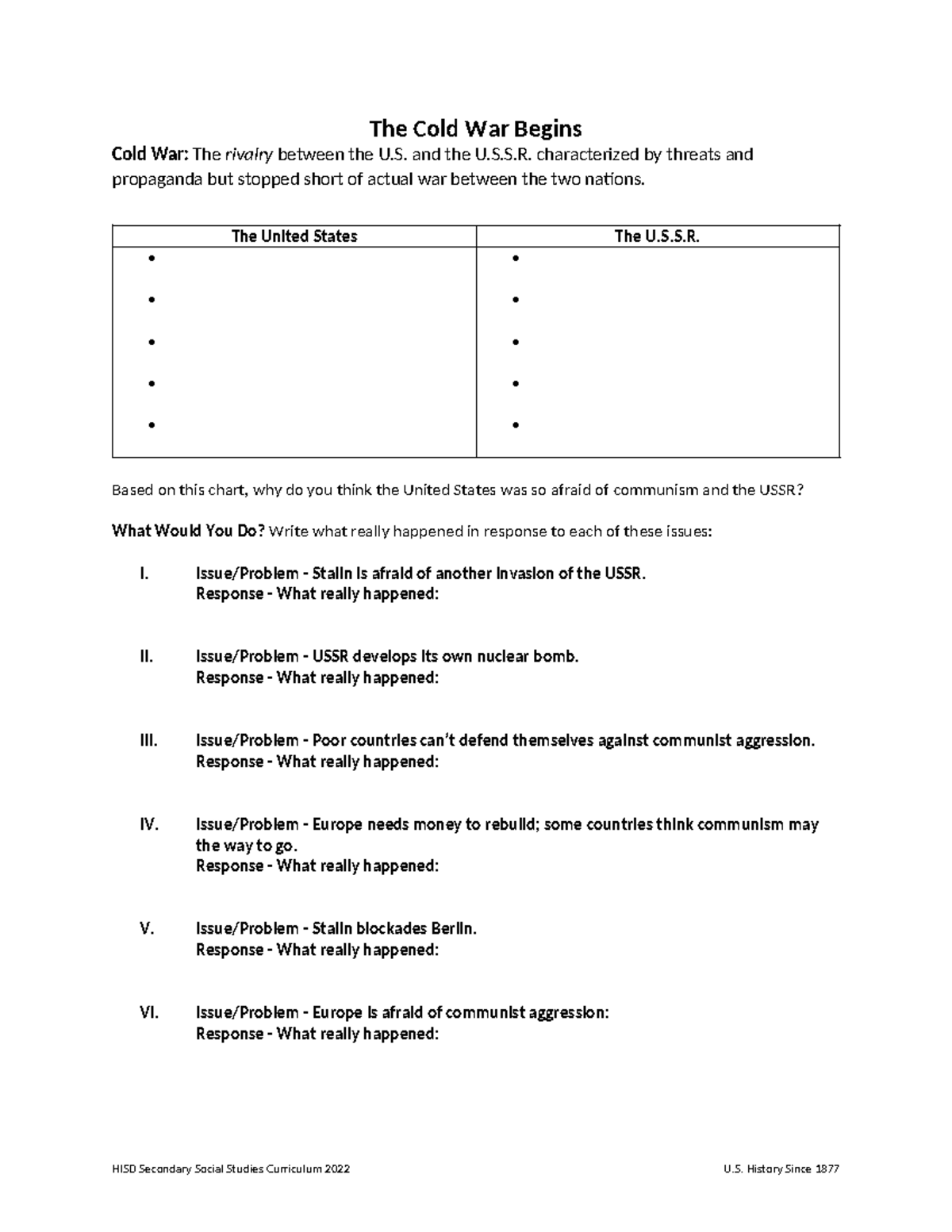 USH Cold War Begins GO Unit6 - The Cold War Begins Cold War: The ...
