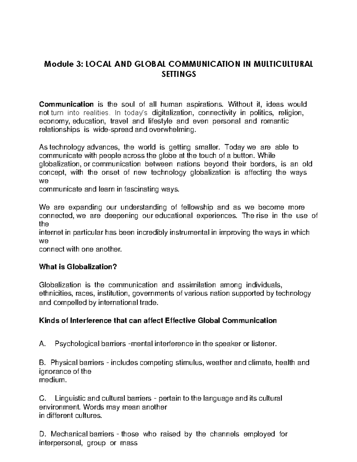 Module 3 - Module 3: LOCAL AND GLOBAL COMMUNICATION IN MULTICULTURAL SETTINGS Communication is ...