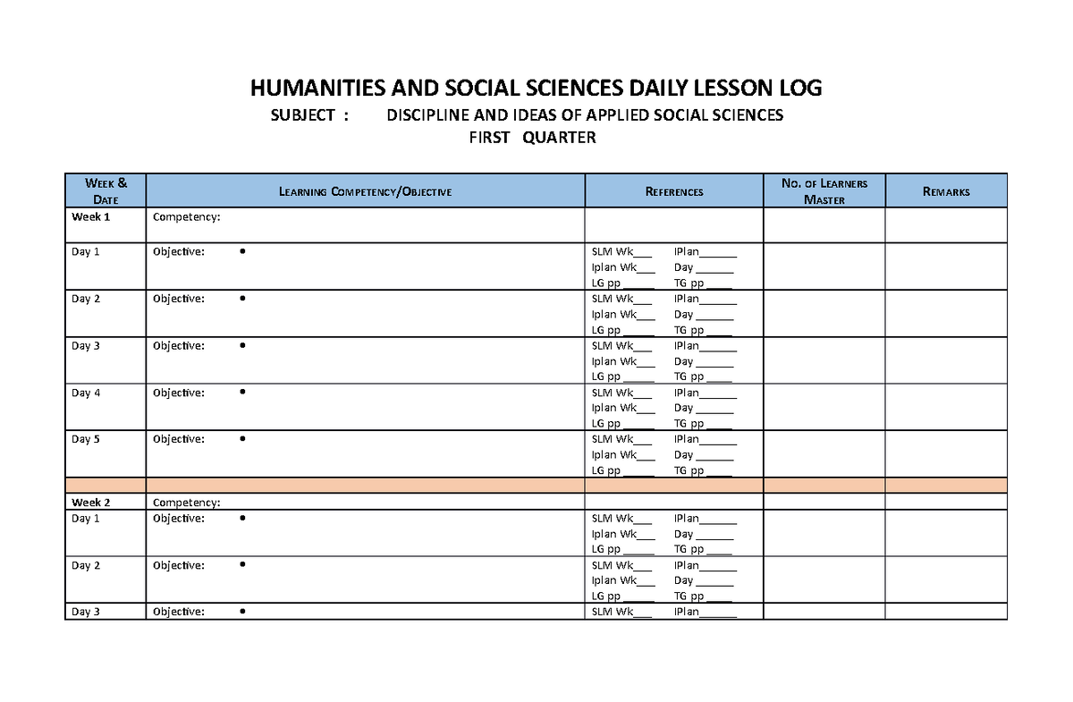 Humss Daily Lesson LOG Template - HUMANITIES AND SOCIAL SCIENCES DAILY ...