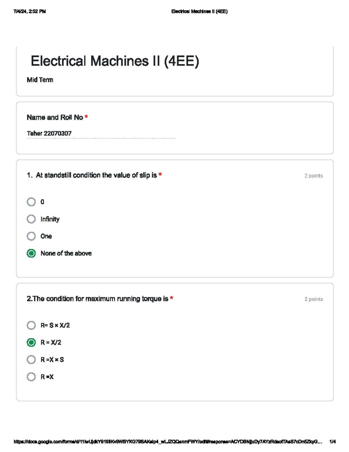 Quiz 2 - a course - 2:52 PM Electrical Machines II (4EE) Electrical ...