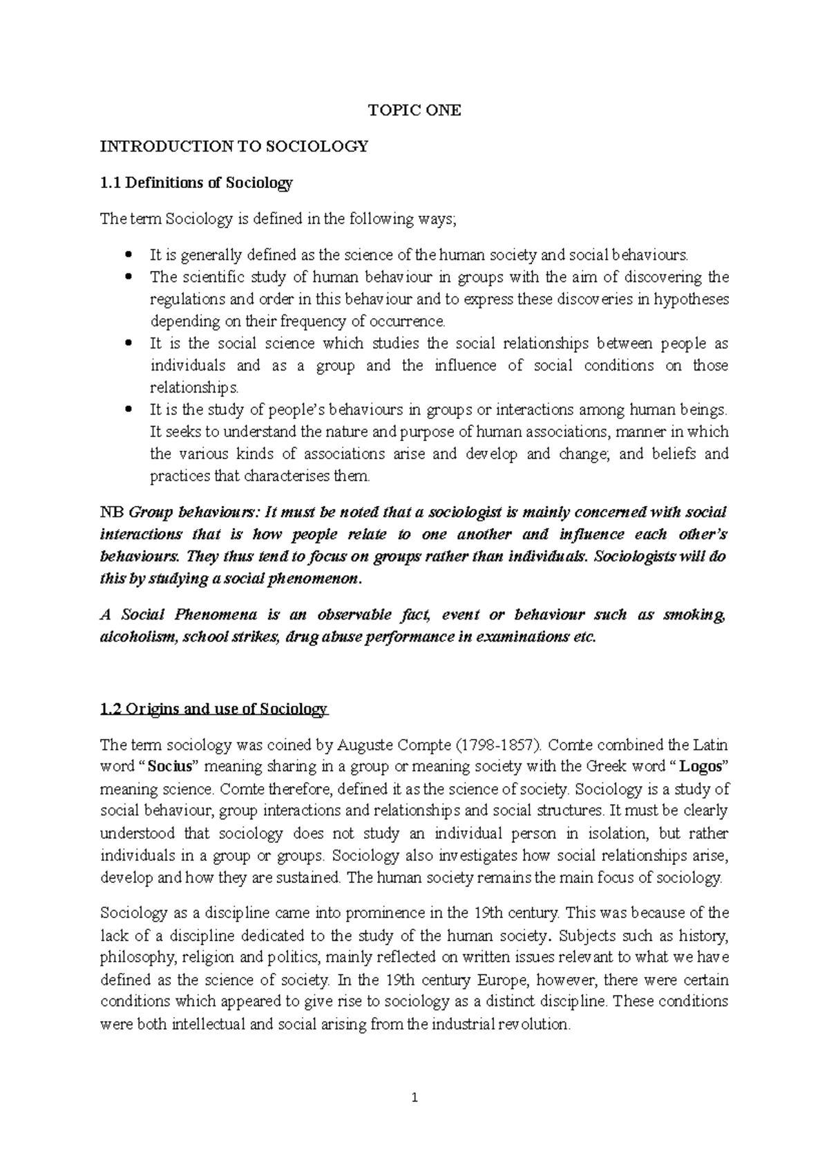 Topic ONE- Sociology - TOPIC ONE INTRODUCTION TO SOCIOLOGY 1 ...