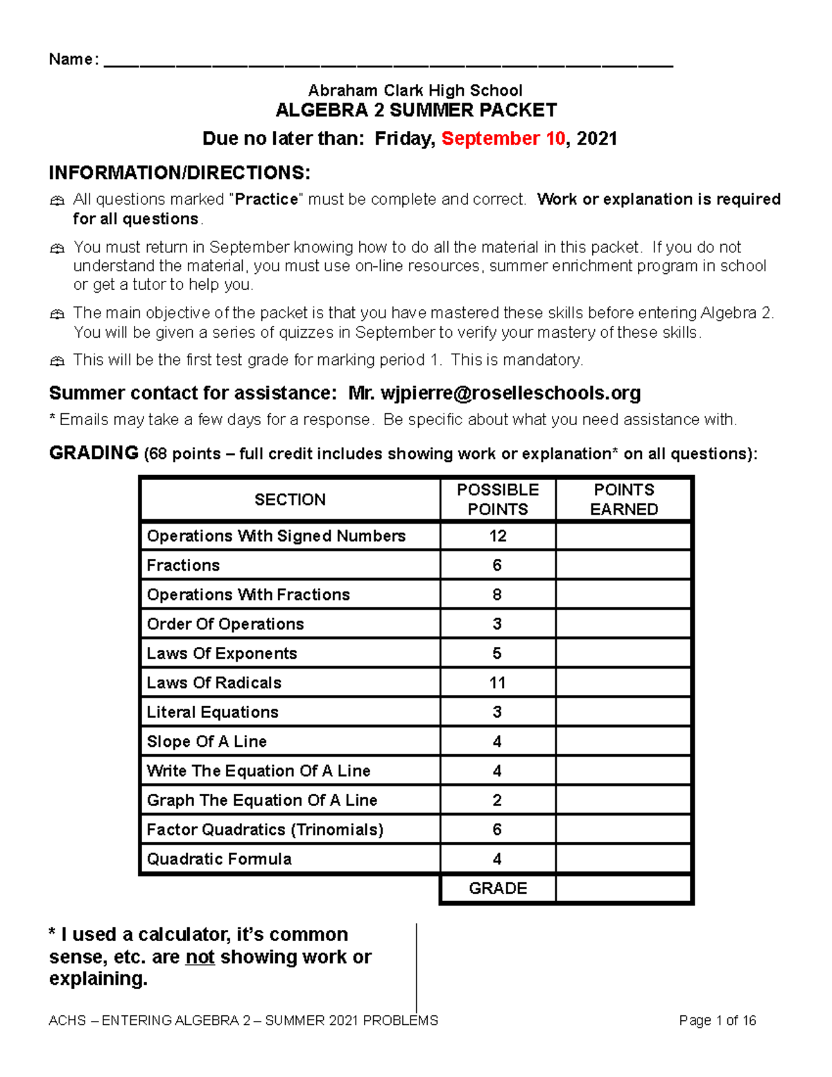 Algebra+2+Summer+Packet+year+2021 - MATH 0900 - UNC Charlotte - Studocu