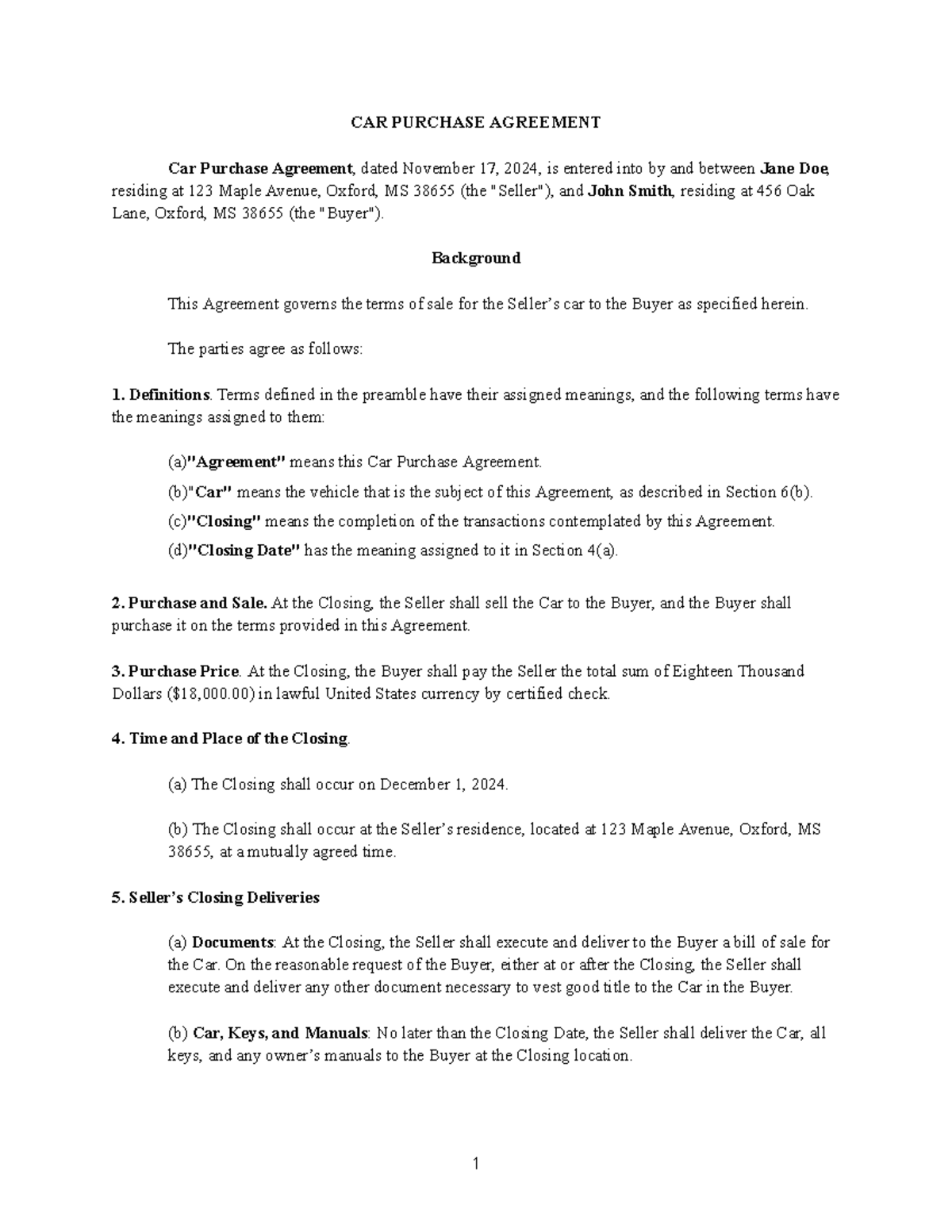 LA 401 Drafting Assignment - CAR PURCHASE AGREEMENT Car Purchase ...