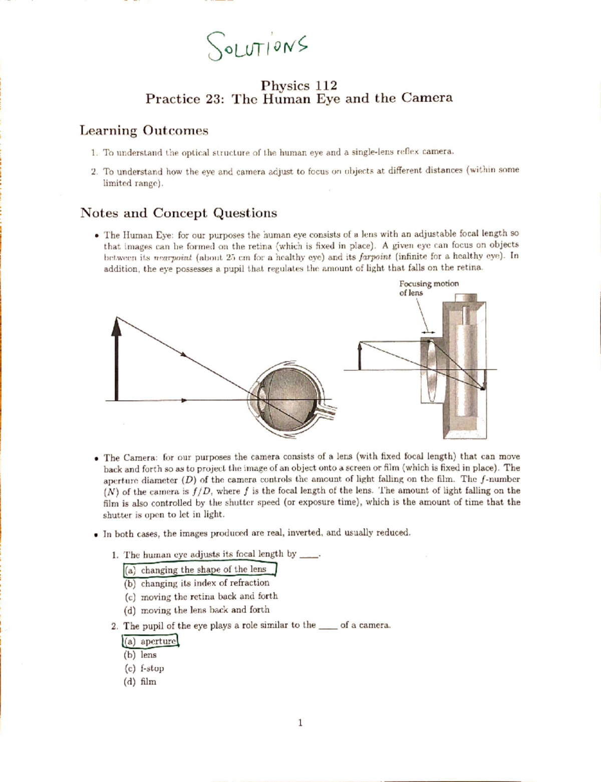 The Human Eye and the Camera Practice - PHY 112 - Studocu