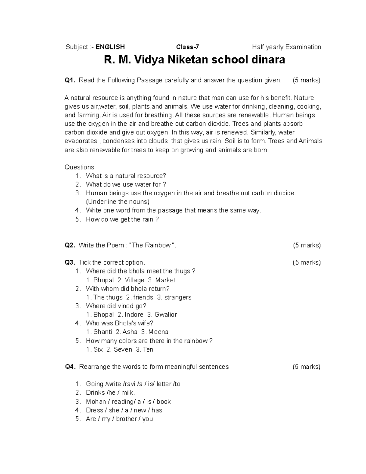 Subject - English Class-7 Half yearly Examination - Subject :- ENGLISH ...