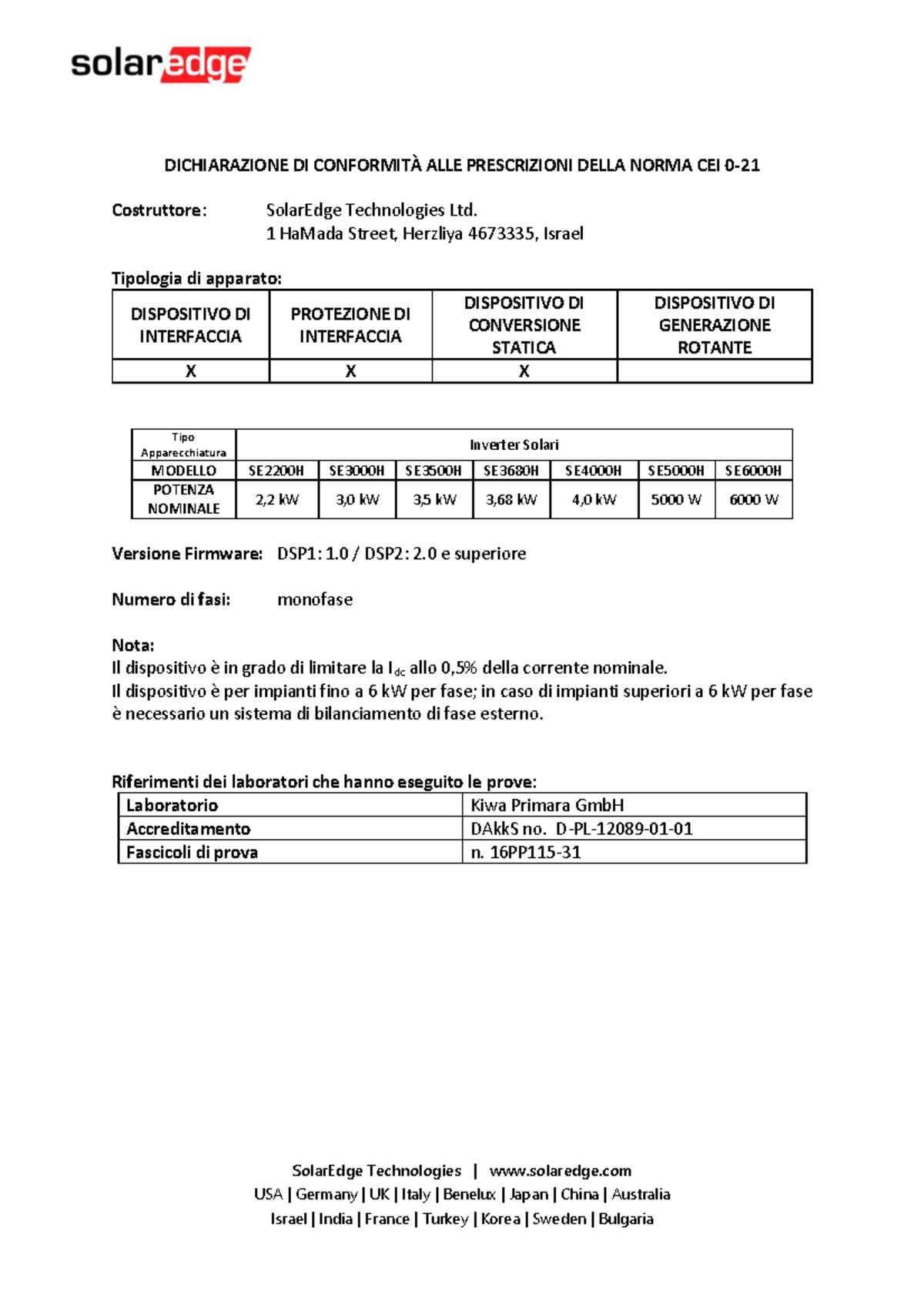 Dichiarazione DI Conformità HD Wave CEI 0-21 2019-04 - SolarEdge ...
