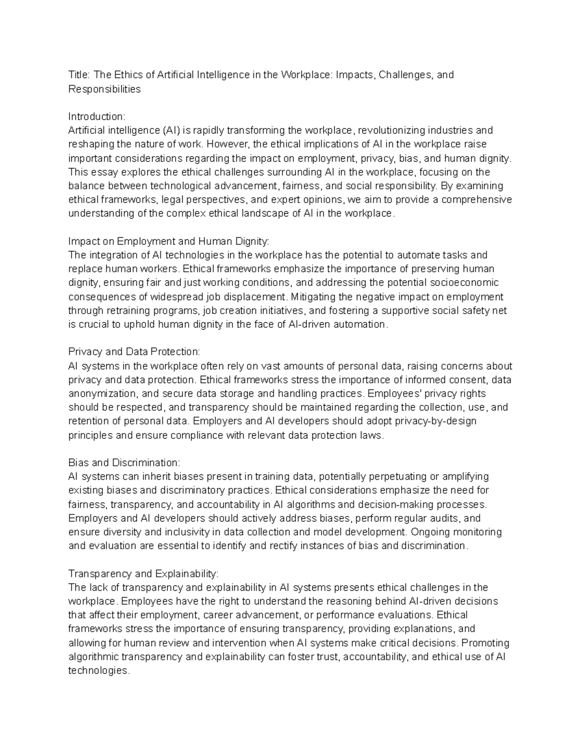 Title The Ethics of Artificial Intelligence in the Workplace Impacts ...
