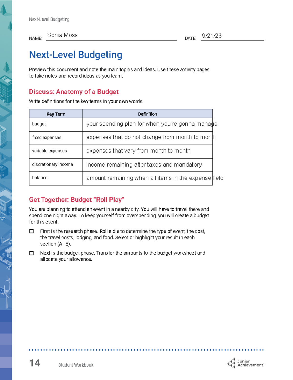 JA Budgeting - NAME: DATE: Next-Level Budgeting Preview this document ...