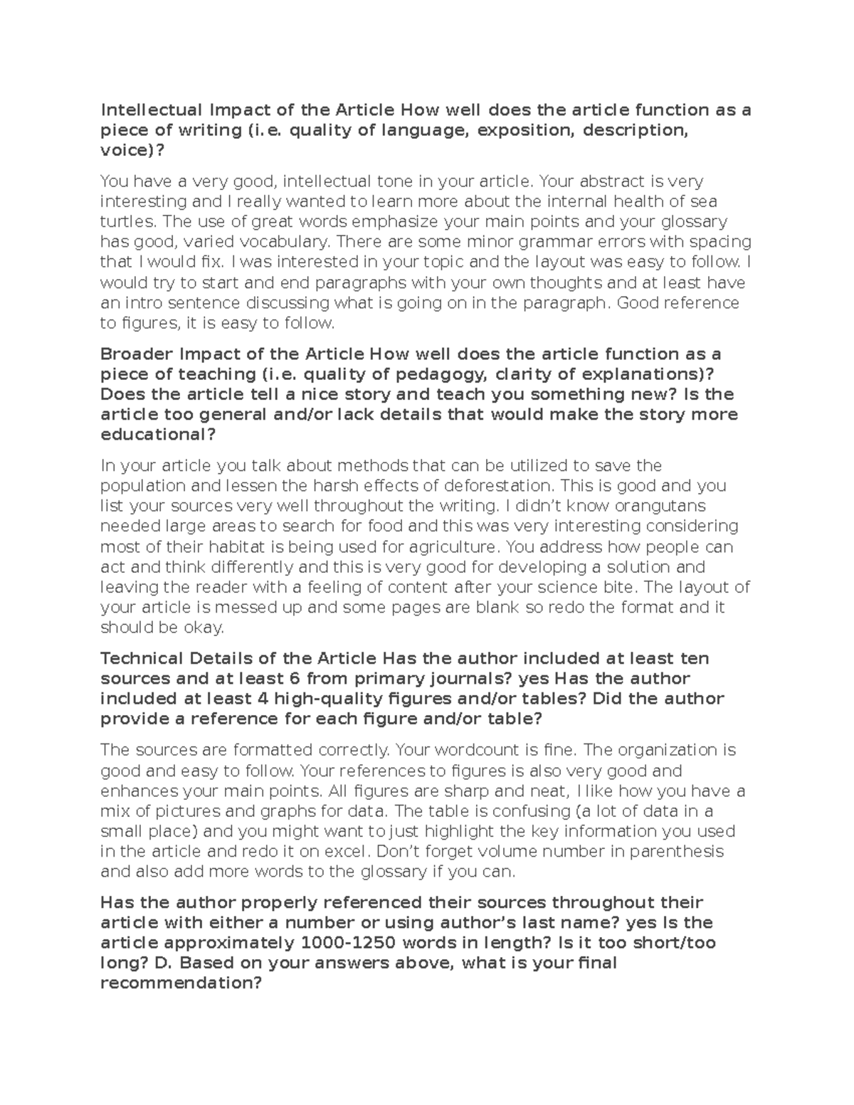 Science bite review - Intellectual Impact of the Article How well does ...