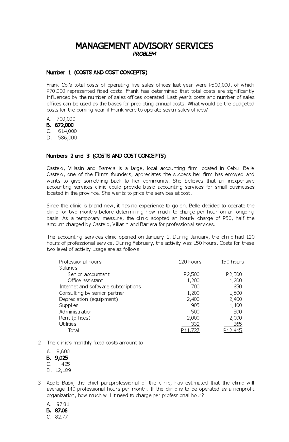 MAS Problems 2018 - MANAGEMENT ADVISORY SERVICES PROBLEM Number 1 ...