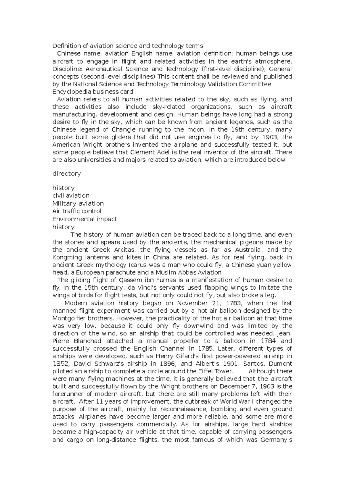 Definition of aviation science and technology terms - Discipline ...