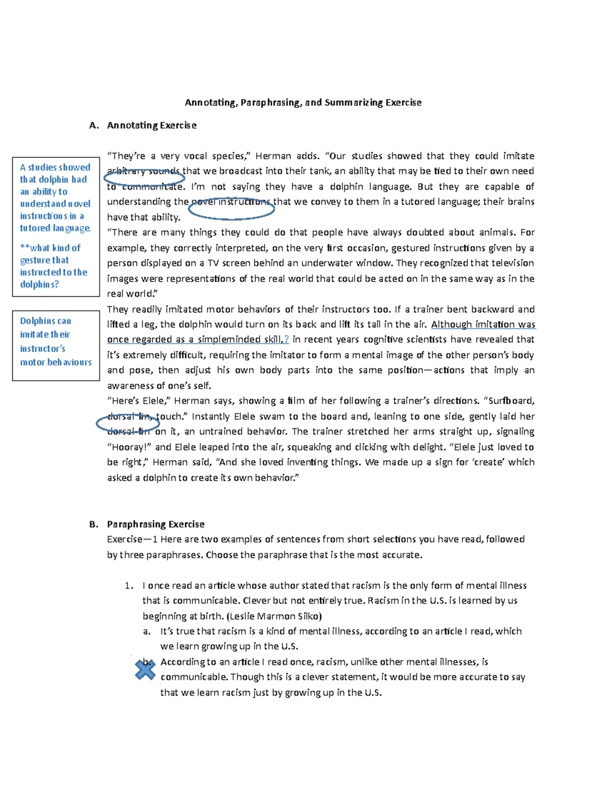 Reading for Information and Enjoyment Annotating, Paraphrasing, and Summarizing Exercise - - Studocu