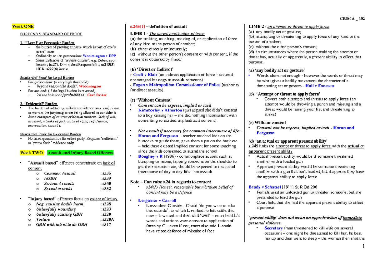 2996-sample - assault summaries/steps - CRIM A _ 102 1 Week ONE BURDENS ...