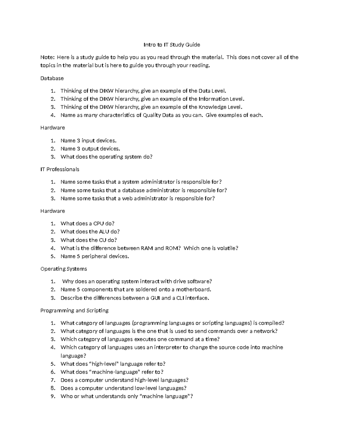 Intro to IT Study Guide - Intro to IT Study Guide Note: Here is a study ...