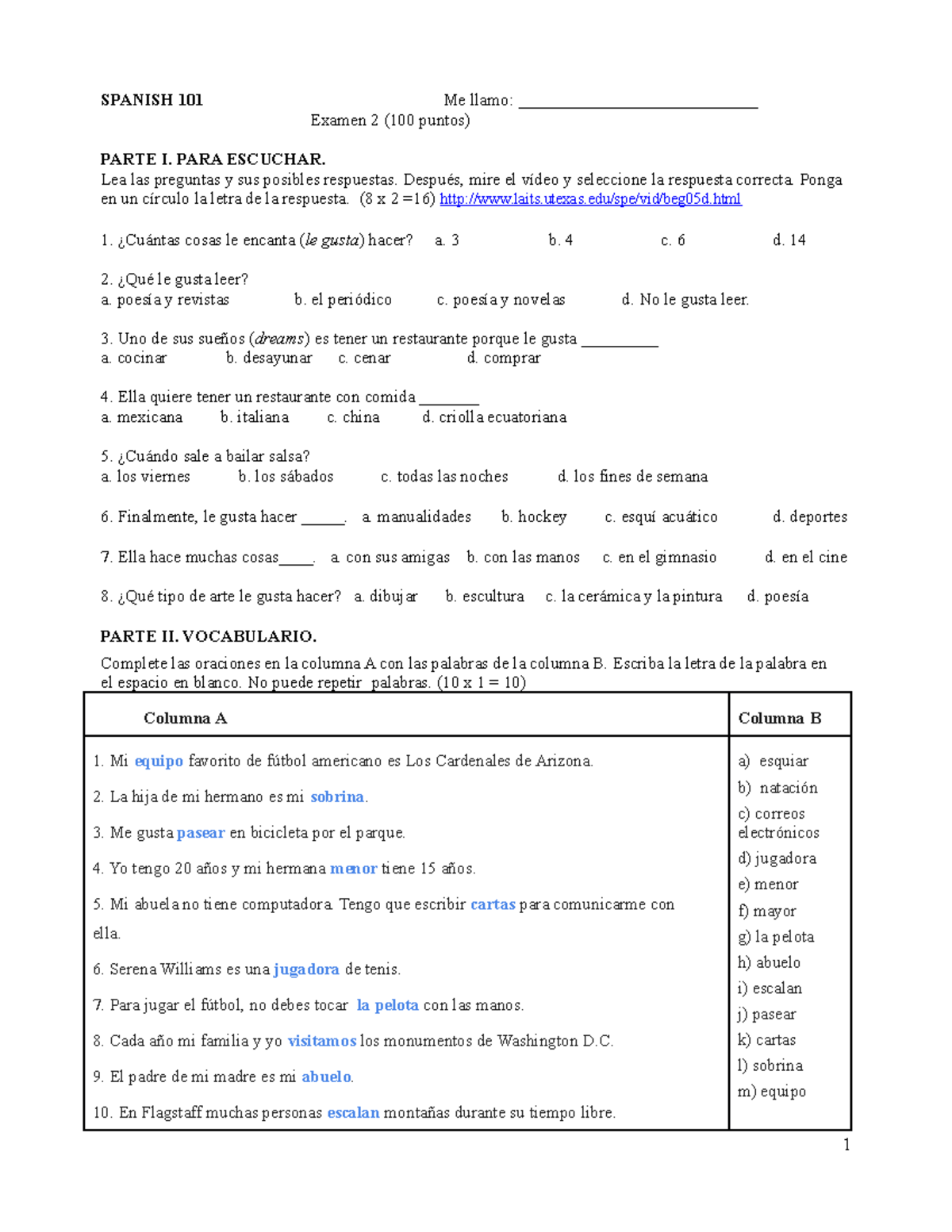 Exam Study Guide 2 - SPANISH 101 Me llamo ...
