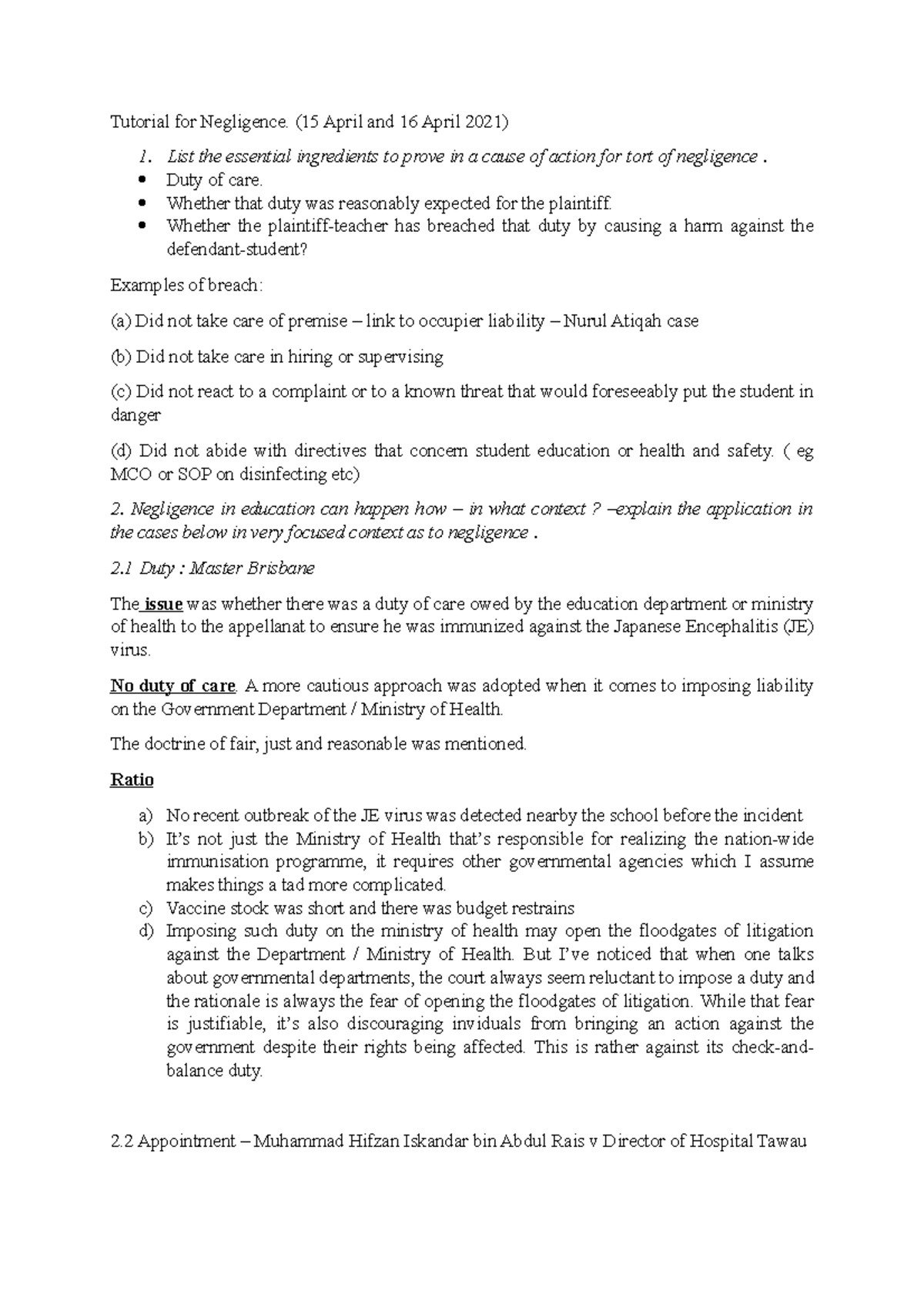 Week 6 - Negligence in Legal Aspects in Education - Tutorial for ...