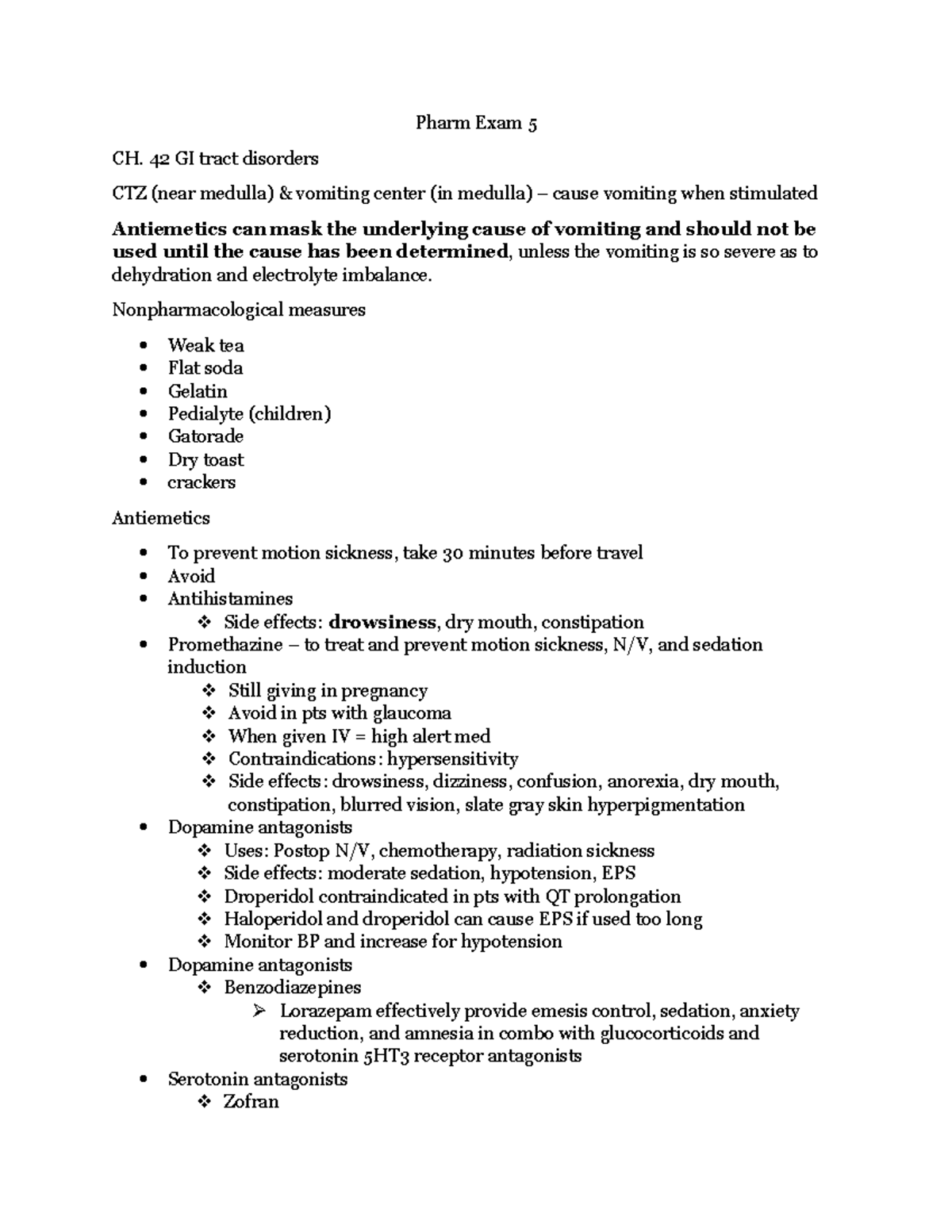 Pharm exam 5 - Lecture notes exam 5 - Pharm Exam 5 CH. 42 GI tract ...