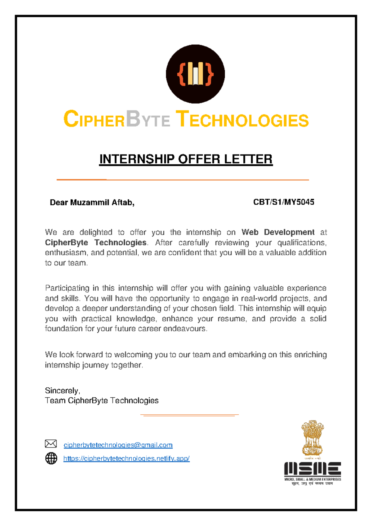 Cipher Byte Offer Letter Web Dev - CIPHERBYTE TECHNOLOGIES INTERNSHIP OFFER LETTER CBT/S1/MY ...