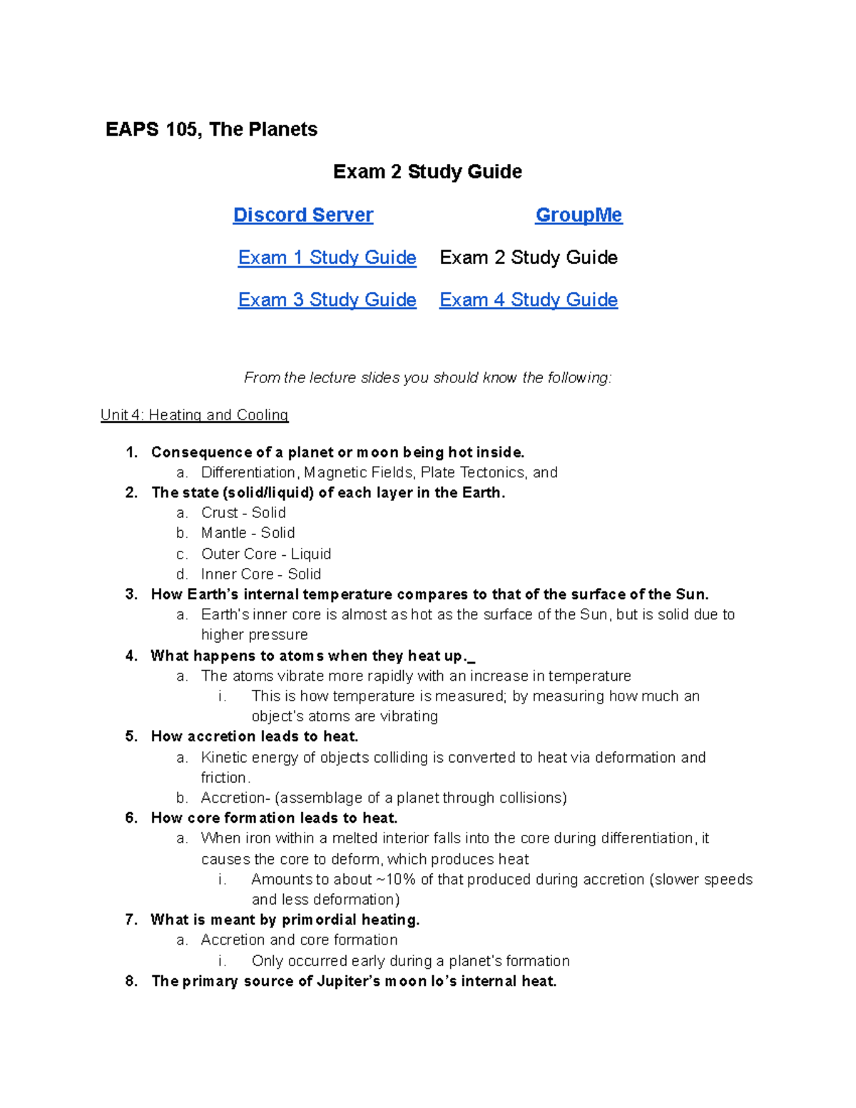 EAPS 105 Exam 2 Study Guide - EAPS 105, The Planets Exam 2 Study Guide ...