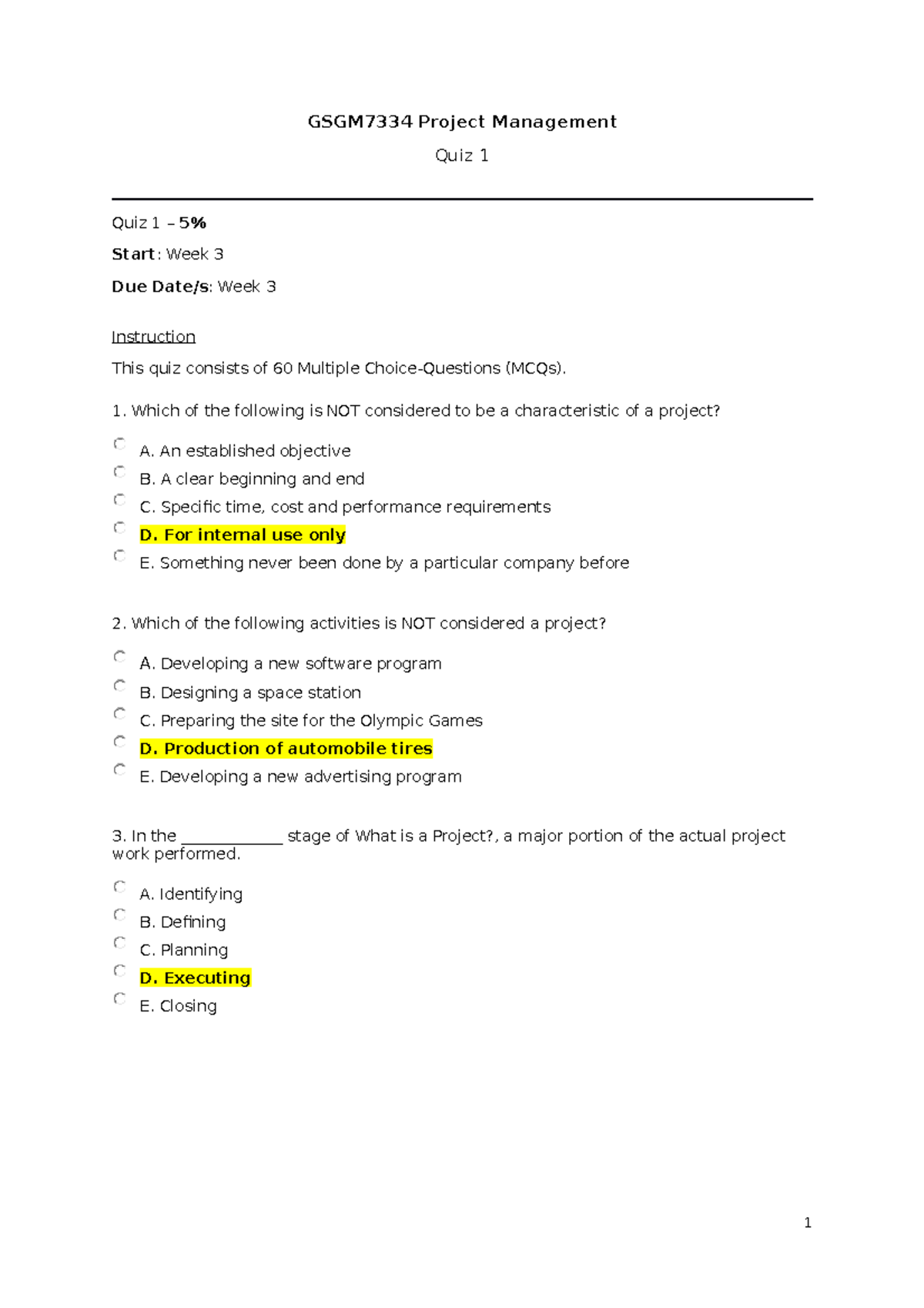 GSGM7334 Project Management - Quiz 1 - GSGM7334 Project Management Quiz ...
