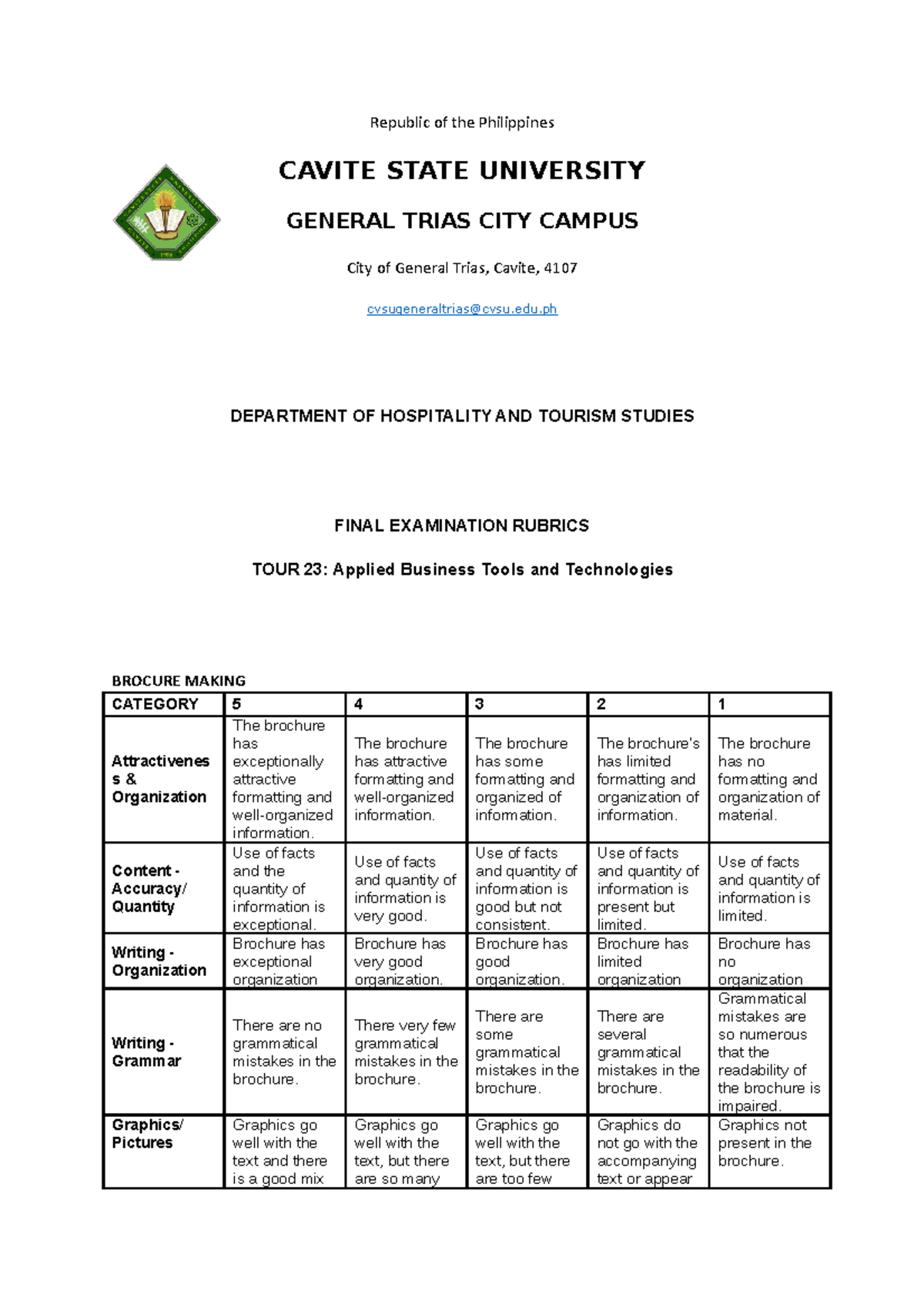 TOUR 23 Rubrics - Republic of the Philippines CAVITE STATE UNIVERSITY ...