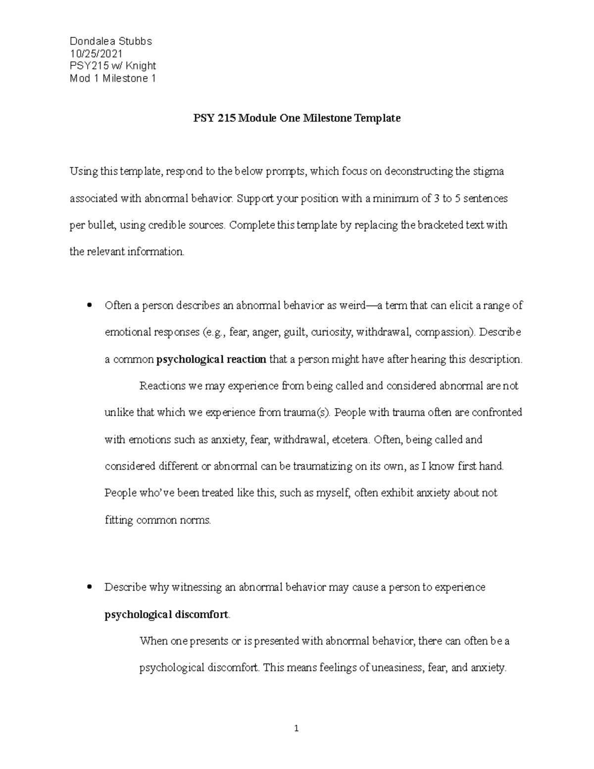 classwork for voyles - PSY215 w/ KnightMod 1 Milestone 1 PSY 215 Module ...
