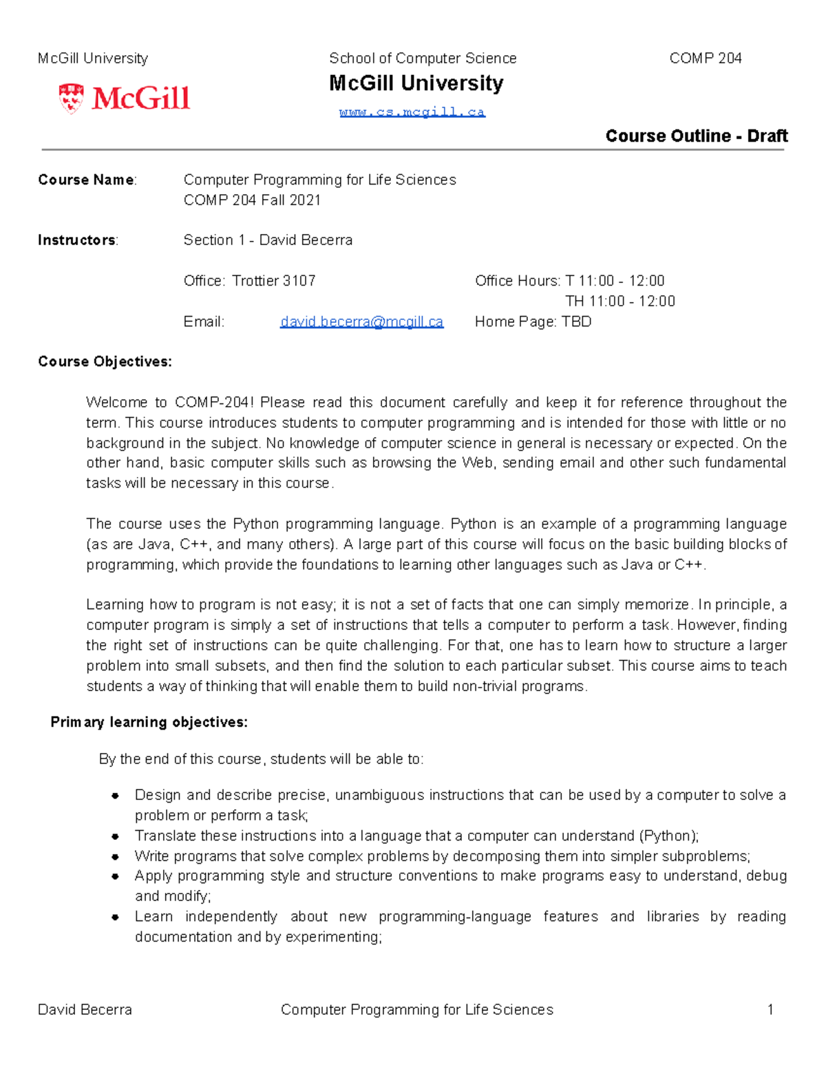 Comp 204 syllabus fall 2021 - McGill University cs.mcgill Course Outline - Draft Course Name ...