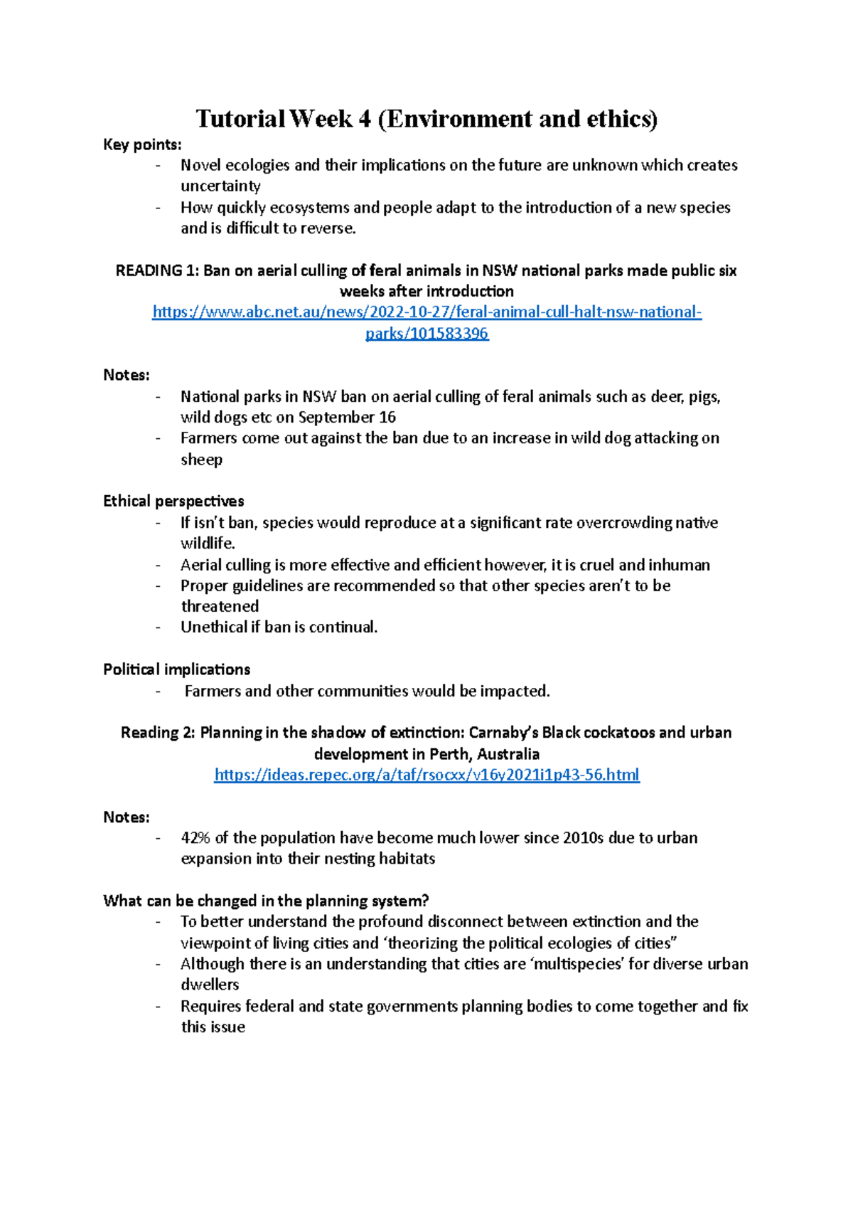 Tutorial 4 - Tutorial Week 4 (Environment and ethics) Key points: - Novel ecologies and their ...