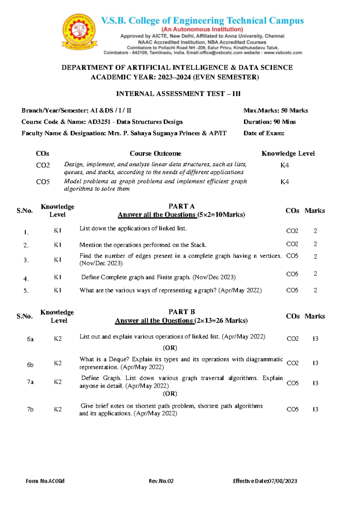 AD3251 Data structure destign , important questions - Form No Rev.No ...