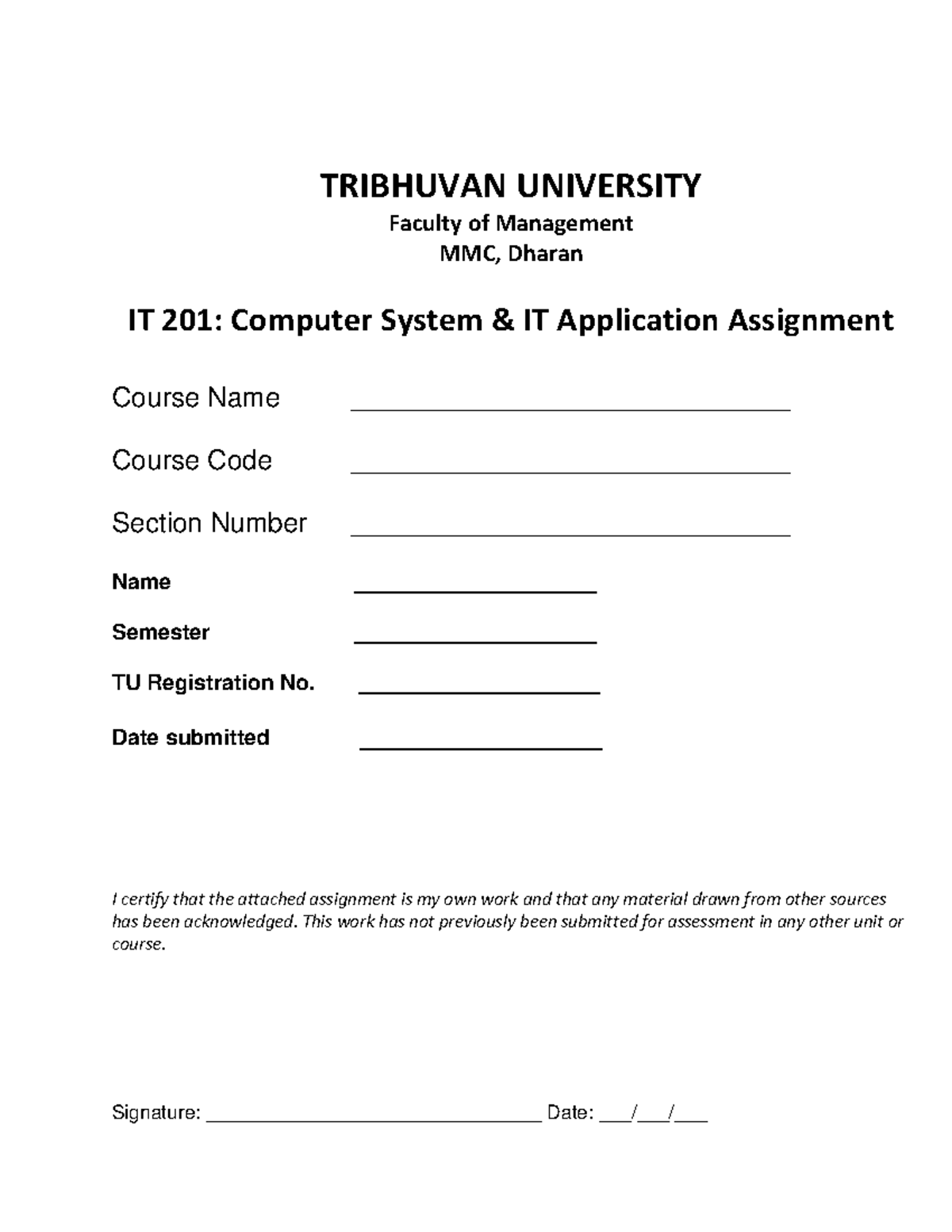 BBA 1st semester Assignment 2017 - TRIBHUVAN UNIVERSITY Faculty of ...