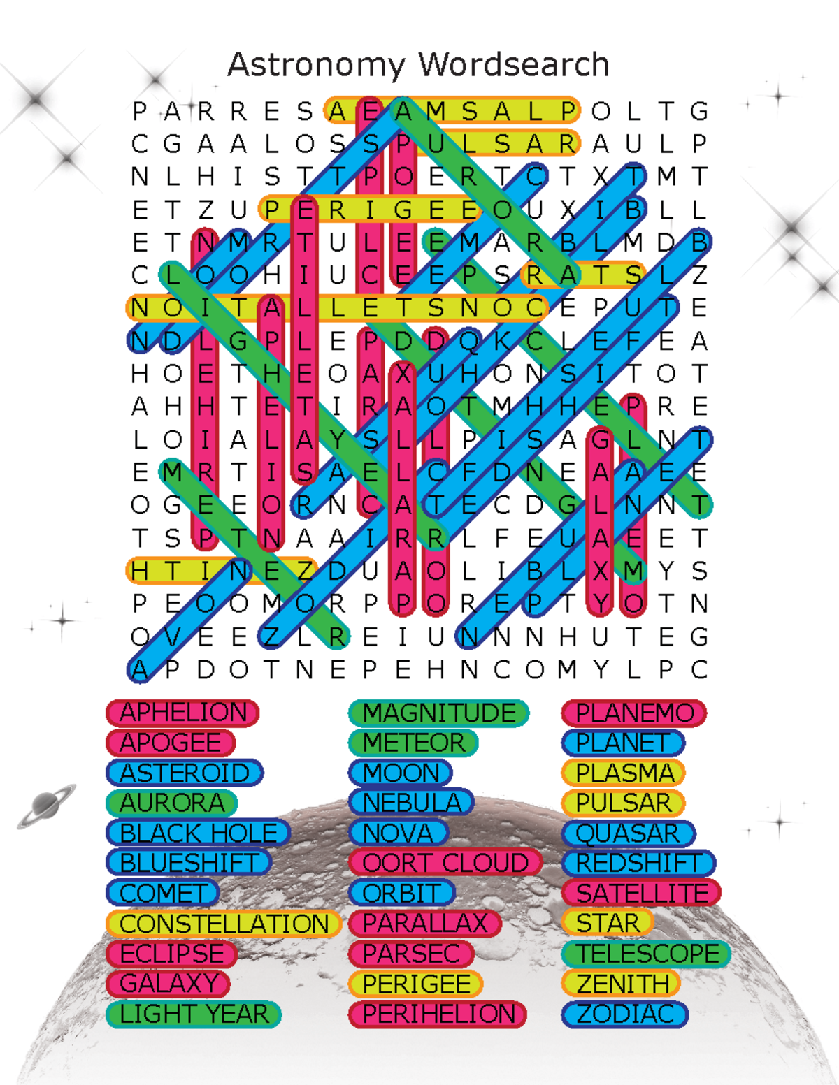 Astronomy Word Search Solved - P A R R E S A E A M S A L P O L T G C G ...