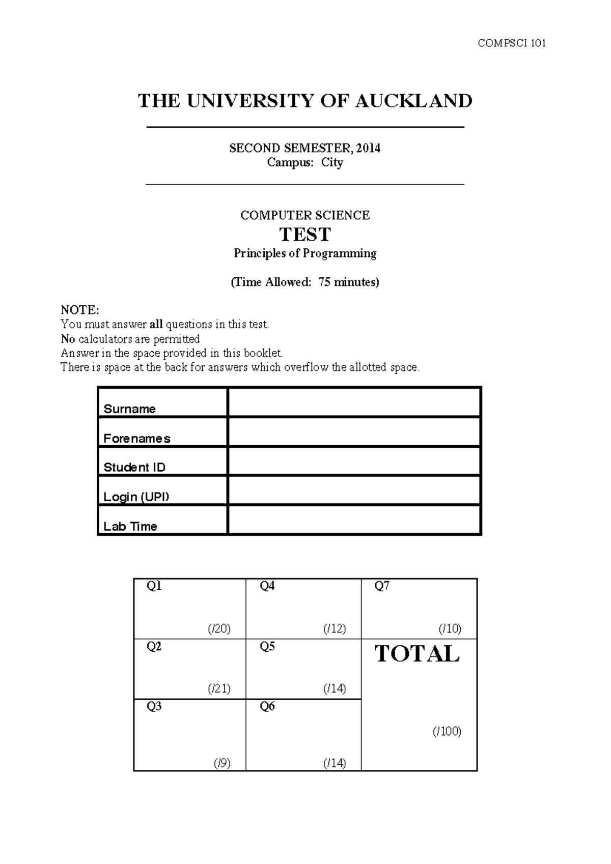 Exam 2014, questions - COMPSCI 101 THE UNIVERSITY OF AUCKLAND SECOND ...