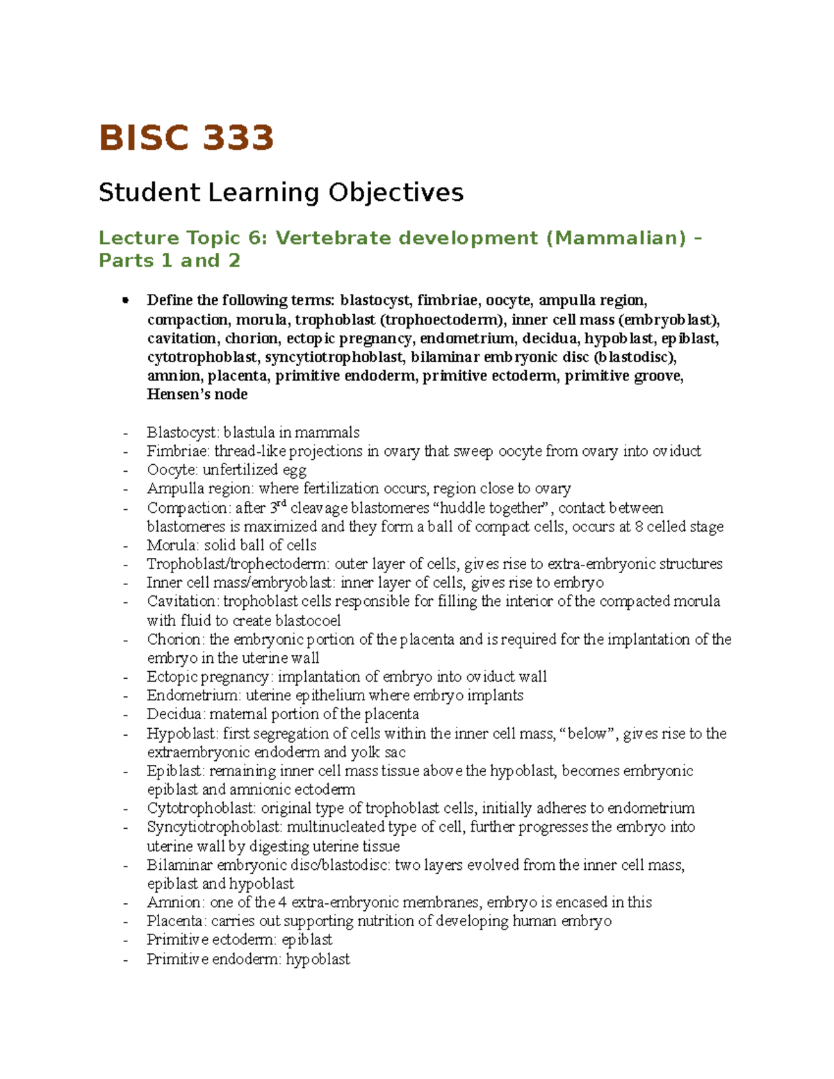 BISC 333 LO topic 6 - summary of lecture notes - BISC 333 Student ...
