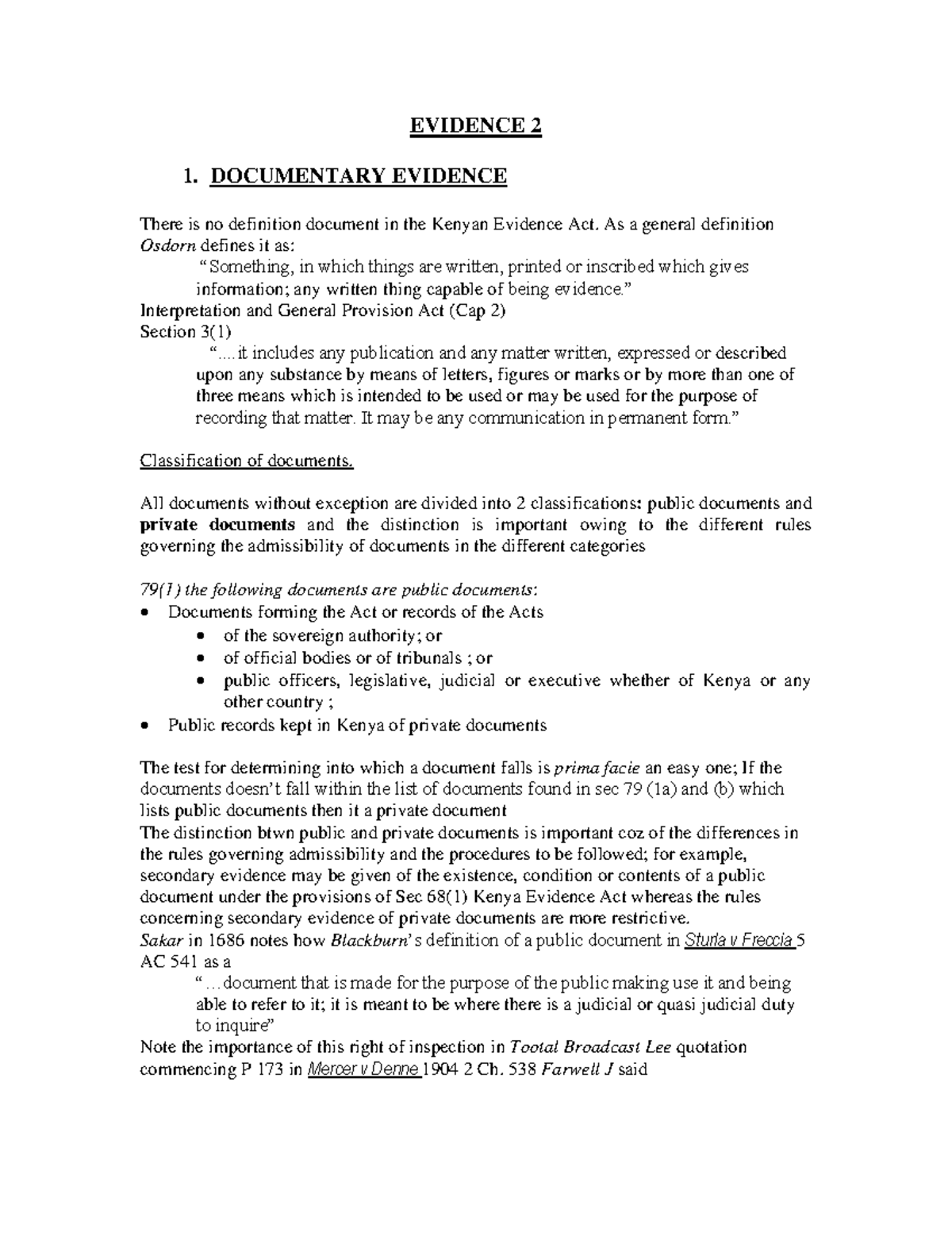 Documentary and Illegally obtained Evidence - EVIDENCE 2 1. DOCUMENTARY ...