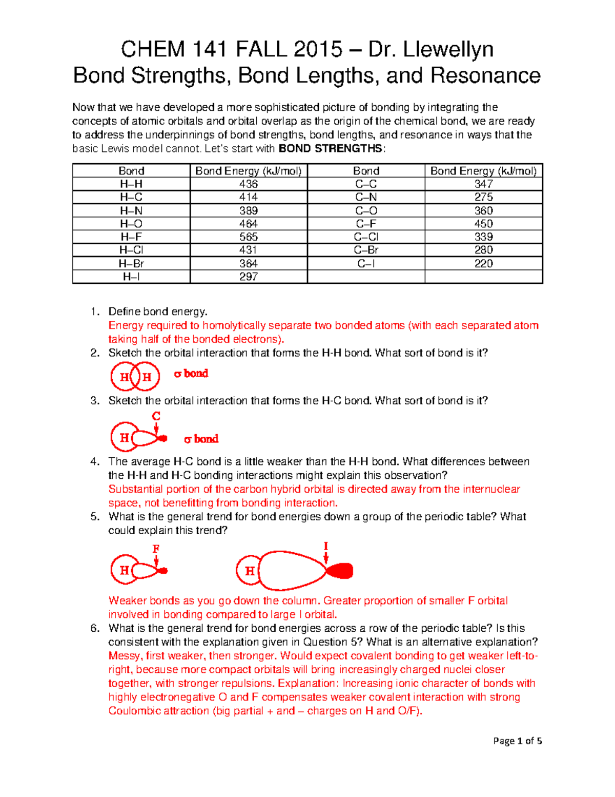 C7 Strength, Length, and Resonance - CHEM 141 FALL 2015 Dr. Llewellyn ...