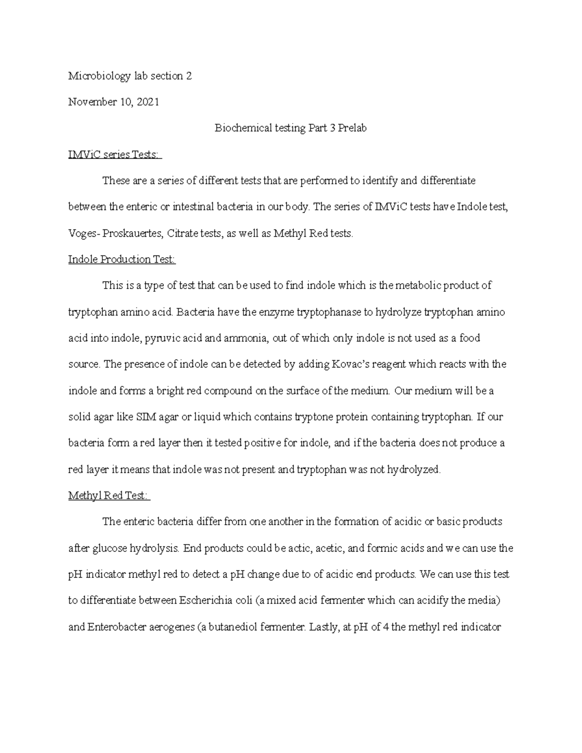 Biochemical testing Part 3 Prelab - Microbiology lab section 2 November ...