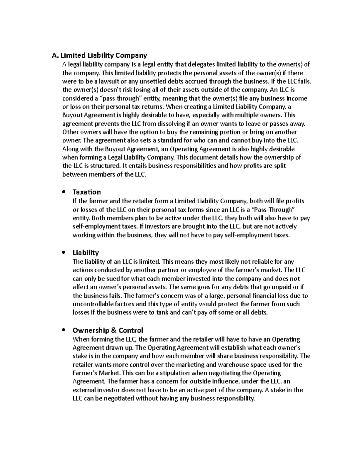 Legal Org structure coursework - A. Limited Liability Company A legal ...