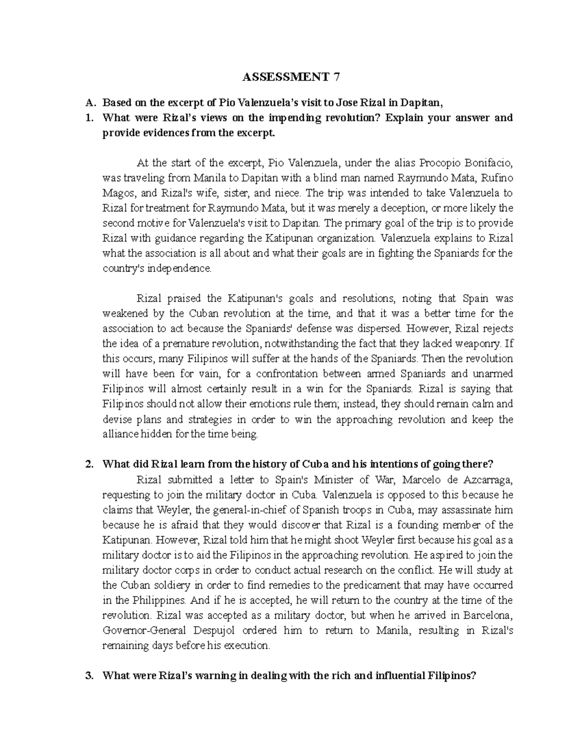Rizal learn from the history of Cuba - ASSESSMENT 7 **A. Based on the ...