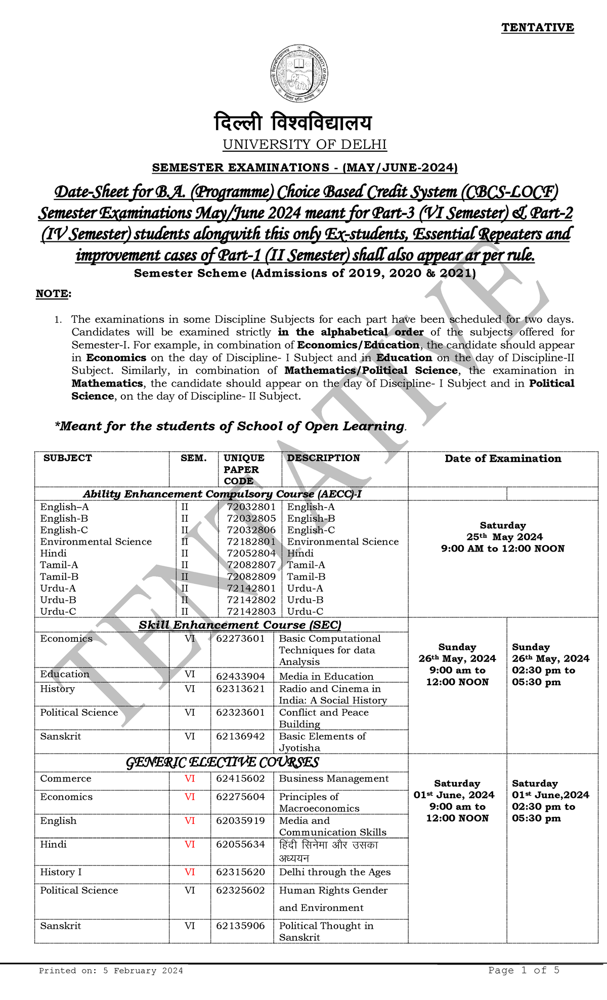 2024-02-06-SOL-BA(Prog.)-2022-SEM.-II-IV-VI (CBCS) - TENTATIVE fnYyh fo’ofo|ky; UNIVERSITY OF ...