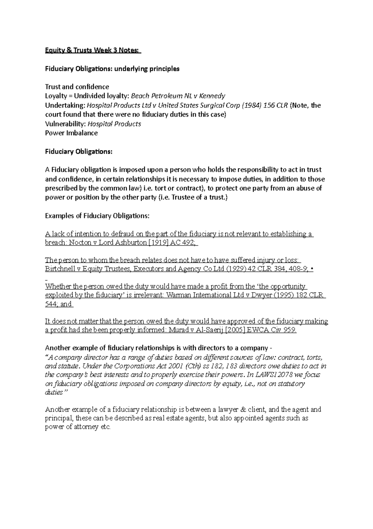 Equity & Trusts Week 3 Notes - Equity & Trusts Week 3 Notes: Fiduciary ...