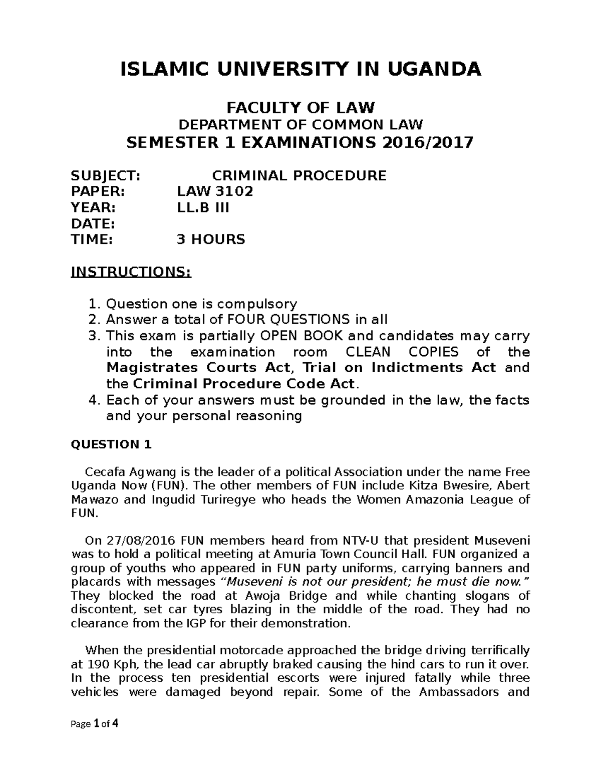 Criminal Procedure LLB III-1 - ISLAMIC UNIVERSITY IN UGANDA FACULTY OF ...