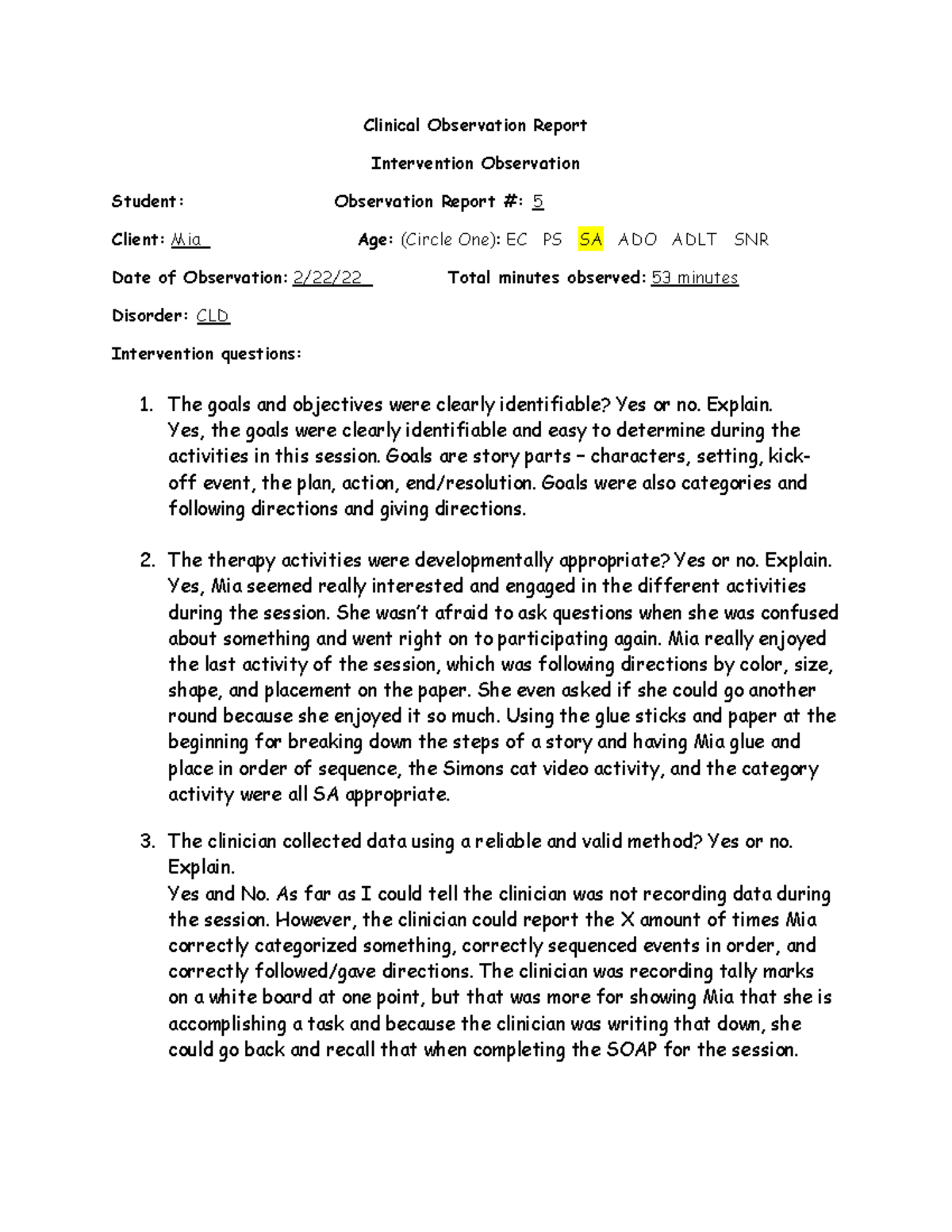 Clinical Observation Report #5 Mia - Clinical Observation Report ...