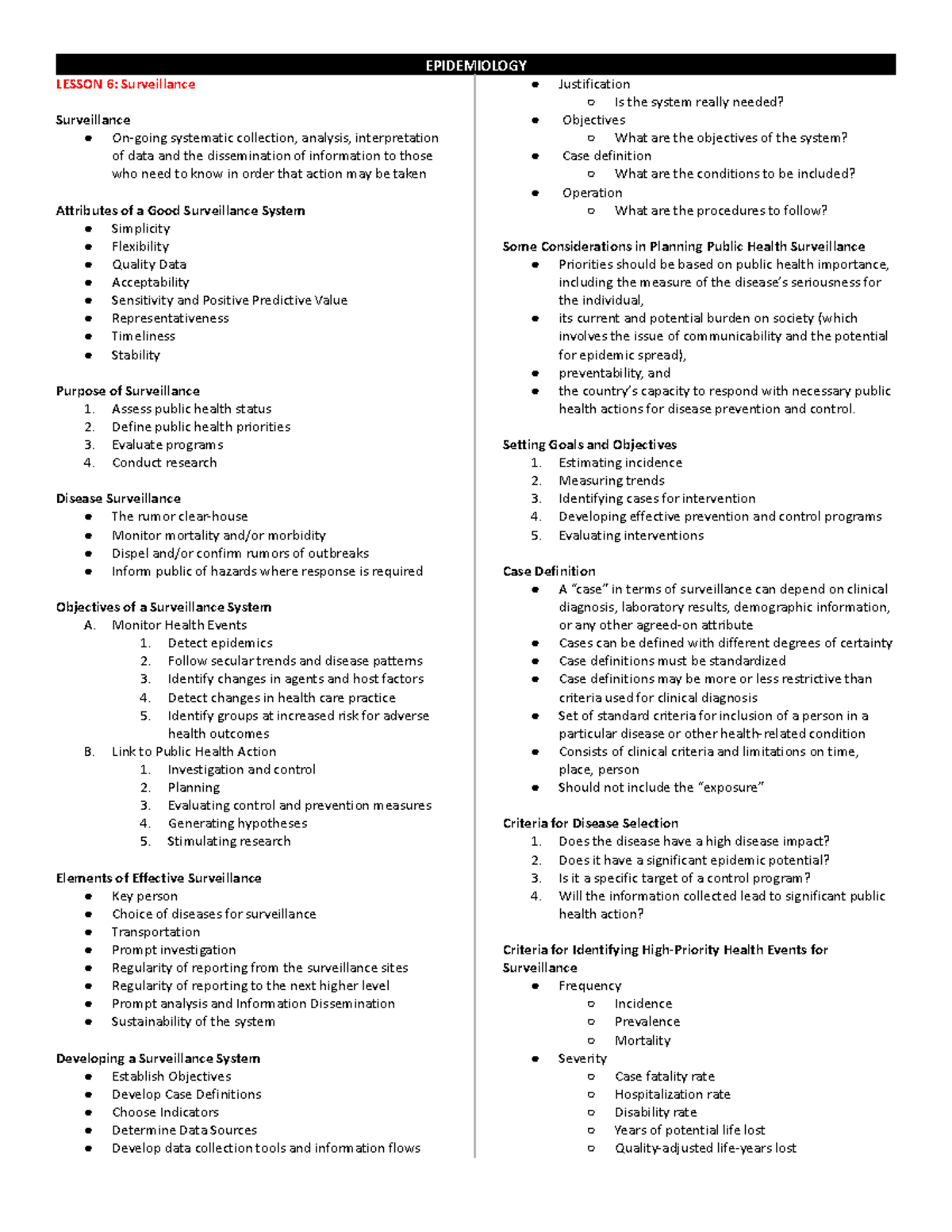 Epi Finals Reviewer Lesson 6 - EPIDEMIOLOGY LESSON 6: Surveillance ...