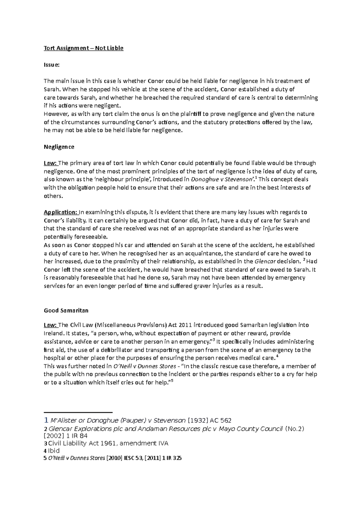 Tort Law Assignment Research - Tort Assignment – Not Liable Issue: The ...