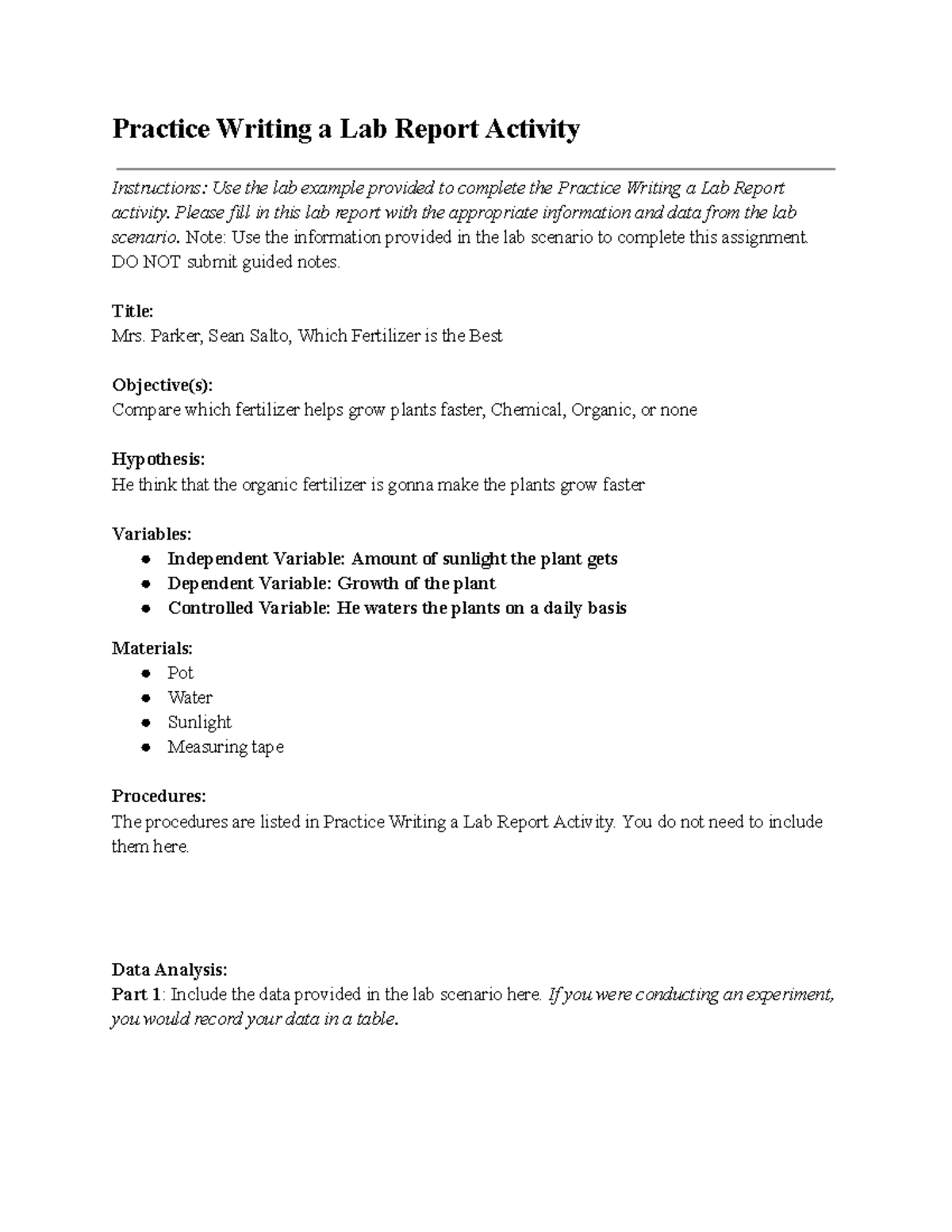 Sean Salto 01.01 Lab - Lab for science on growing plants - Practice ...