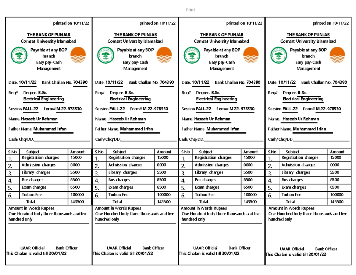 Challan Form - mji - Print printed on 10/11/ THE BANK OF PUNJAB Comsat ...