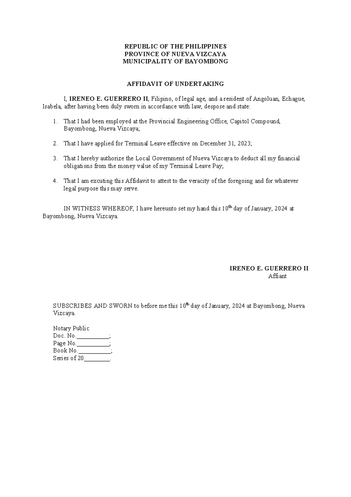 Affidavit of undertaking - REPUBLIC OF THE PHILIPPINES PROVINCE OF ...