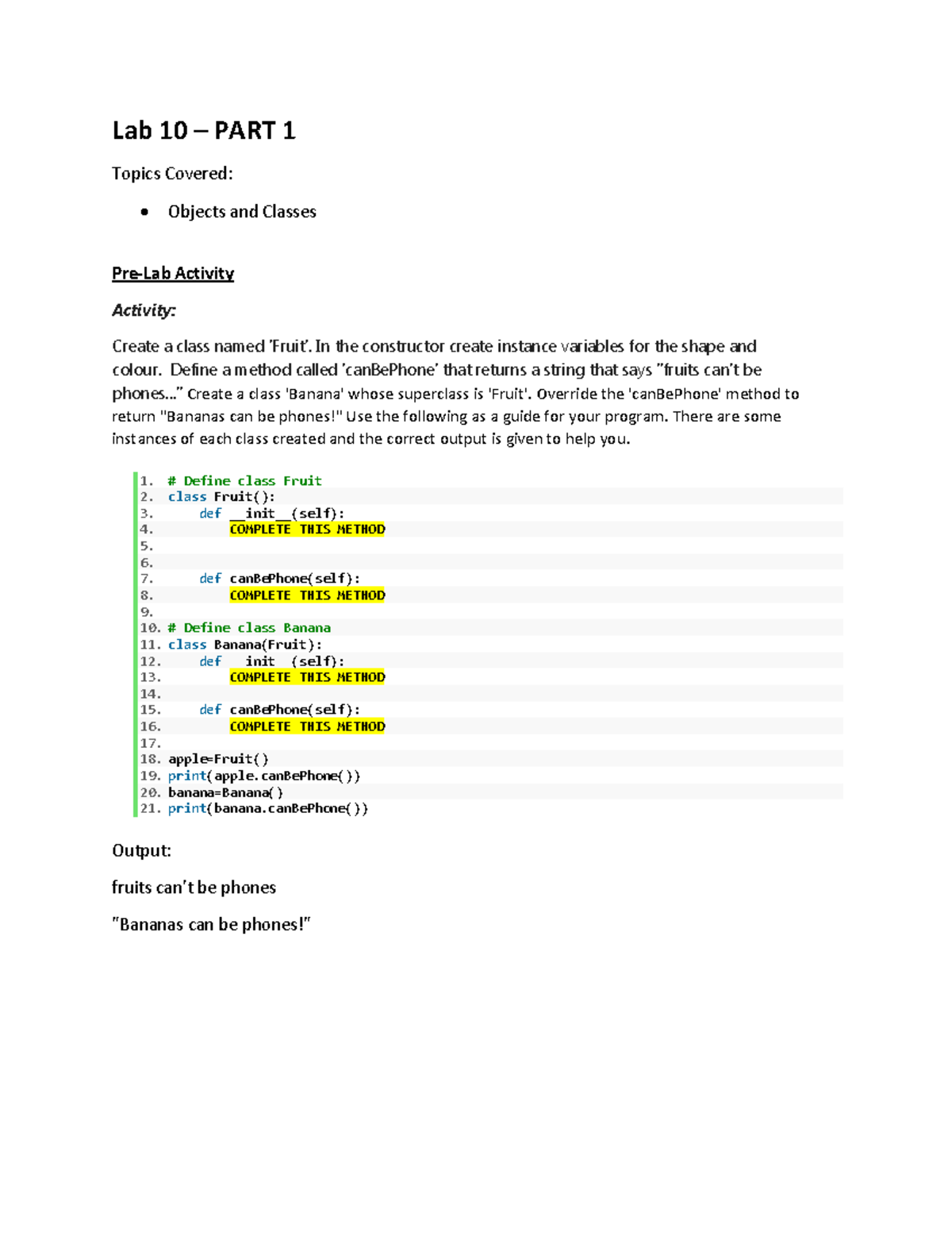 Lab 10 Lab Requirement Lab 10 Part 1 Topics Covered Objects And Classes Pre‐lab Activity