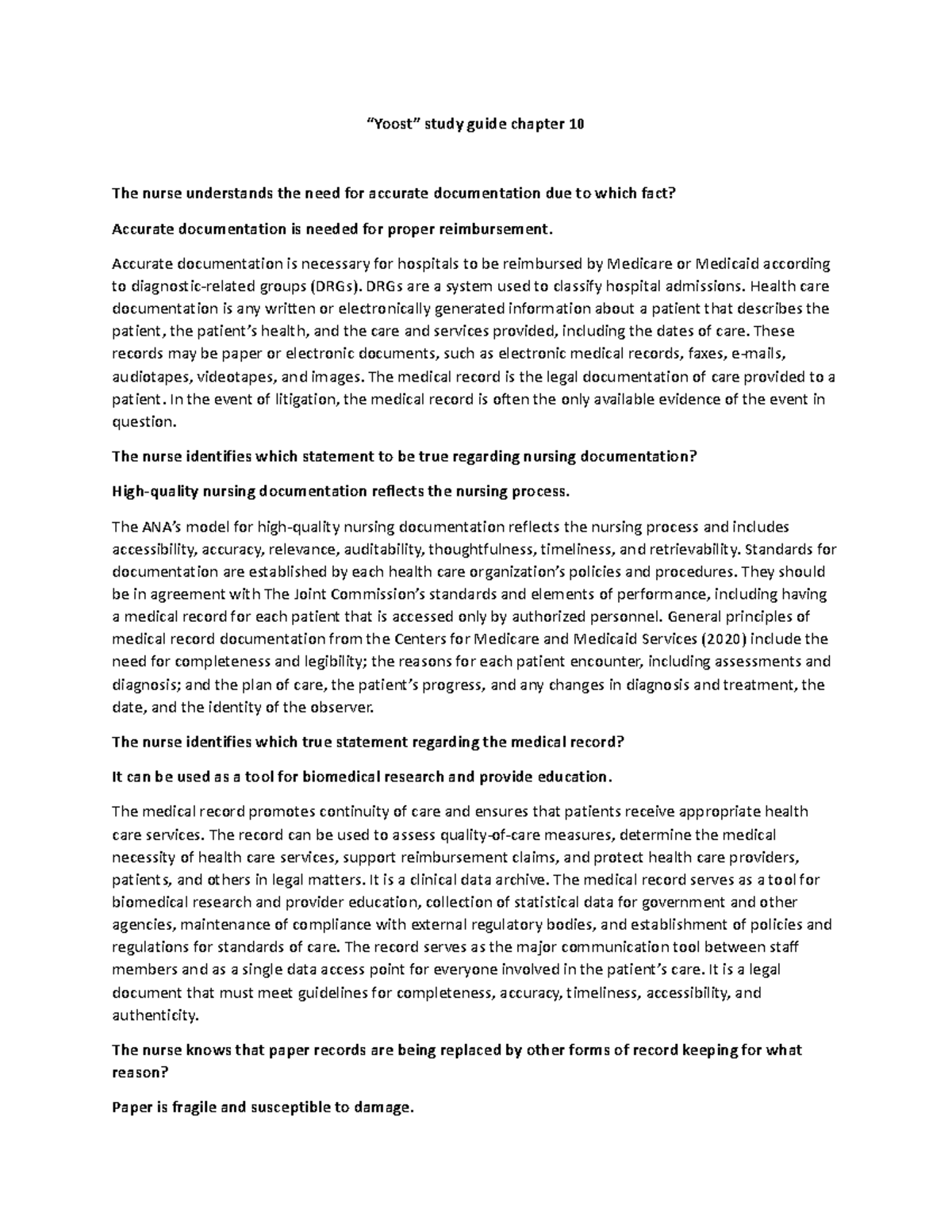 Yoost chapter 10 study guide - “Yoost” study guide chapter 10 The nurse ...