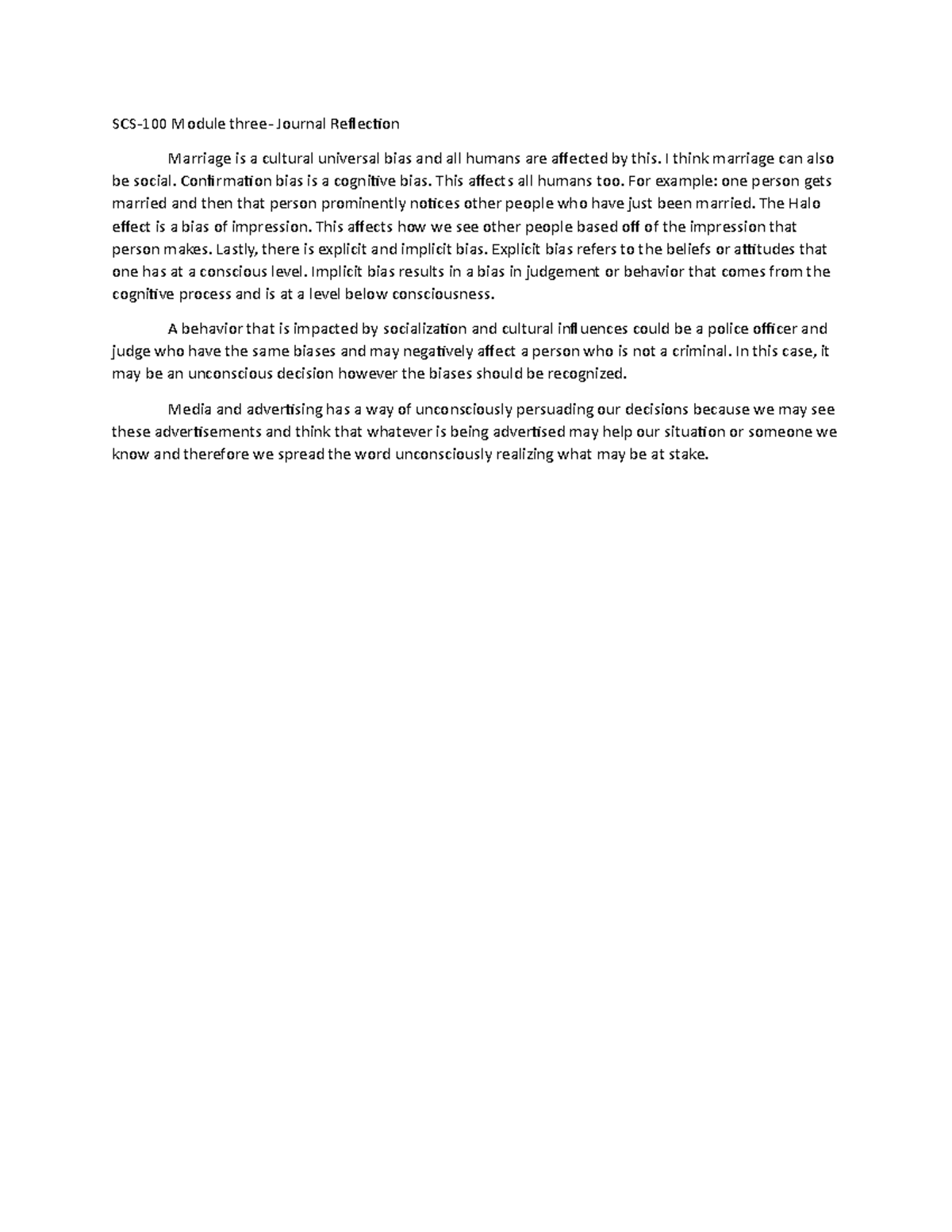SCS-100 module 3 journal reflection - SCS-100 Module three- Journal ...